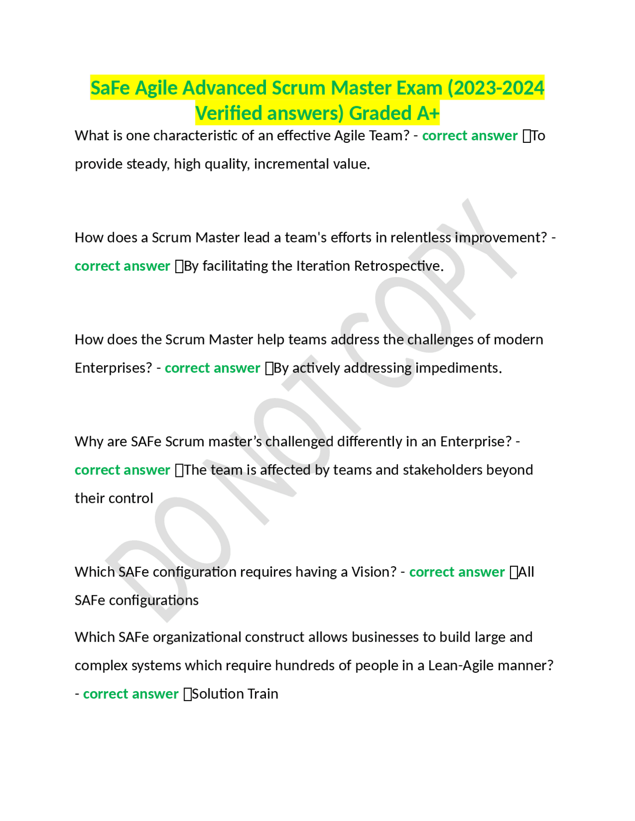 Safe Agile Advanced Scrum Master Exam 2023 2024 Verified Answers Graded A Exams Advanced
