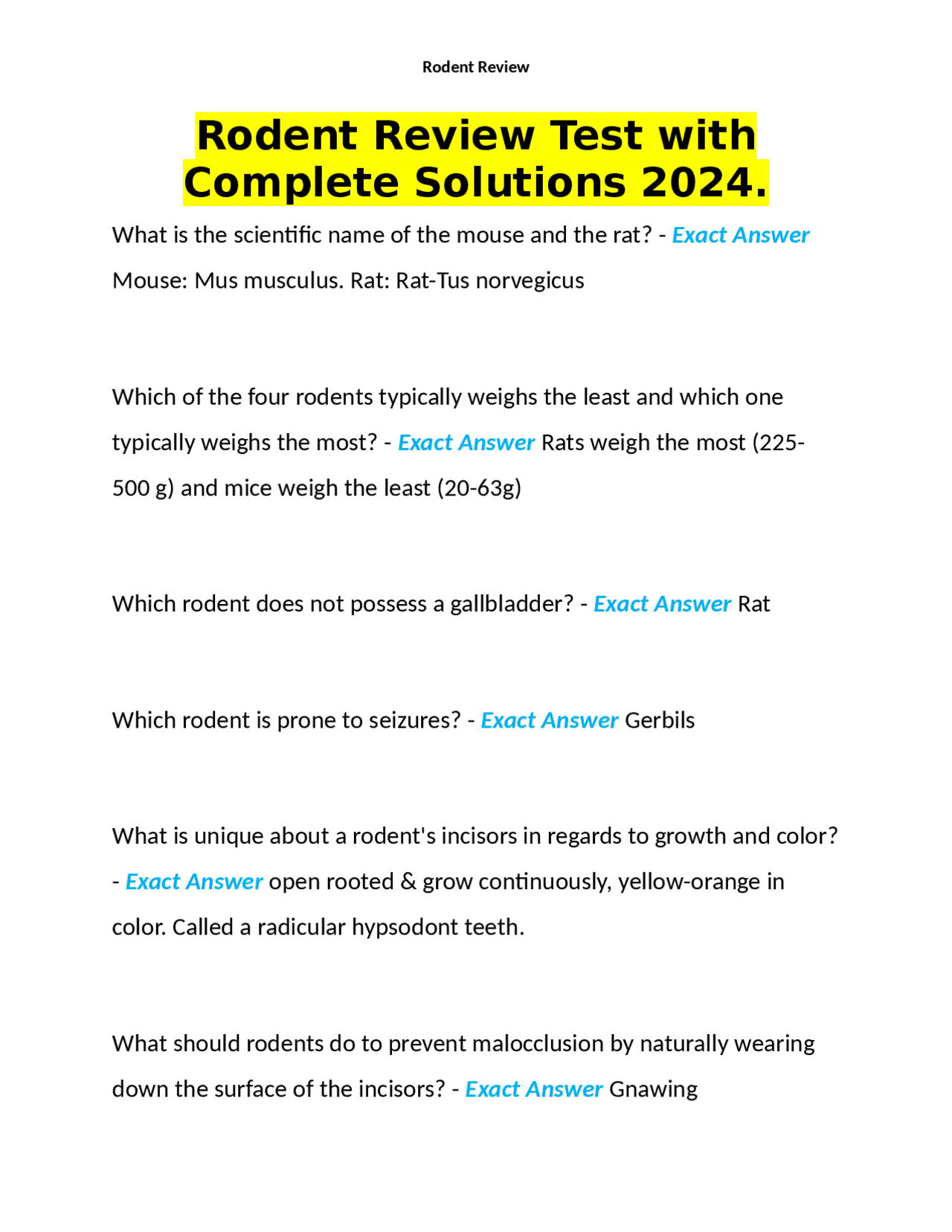 Rodent Review Test with Complete Solutions 2024. | Exams Nursing | Docsity