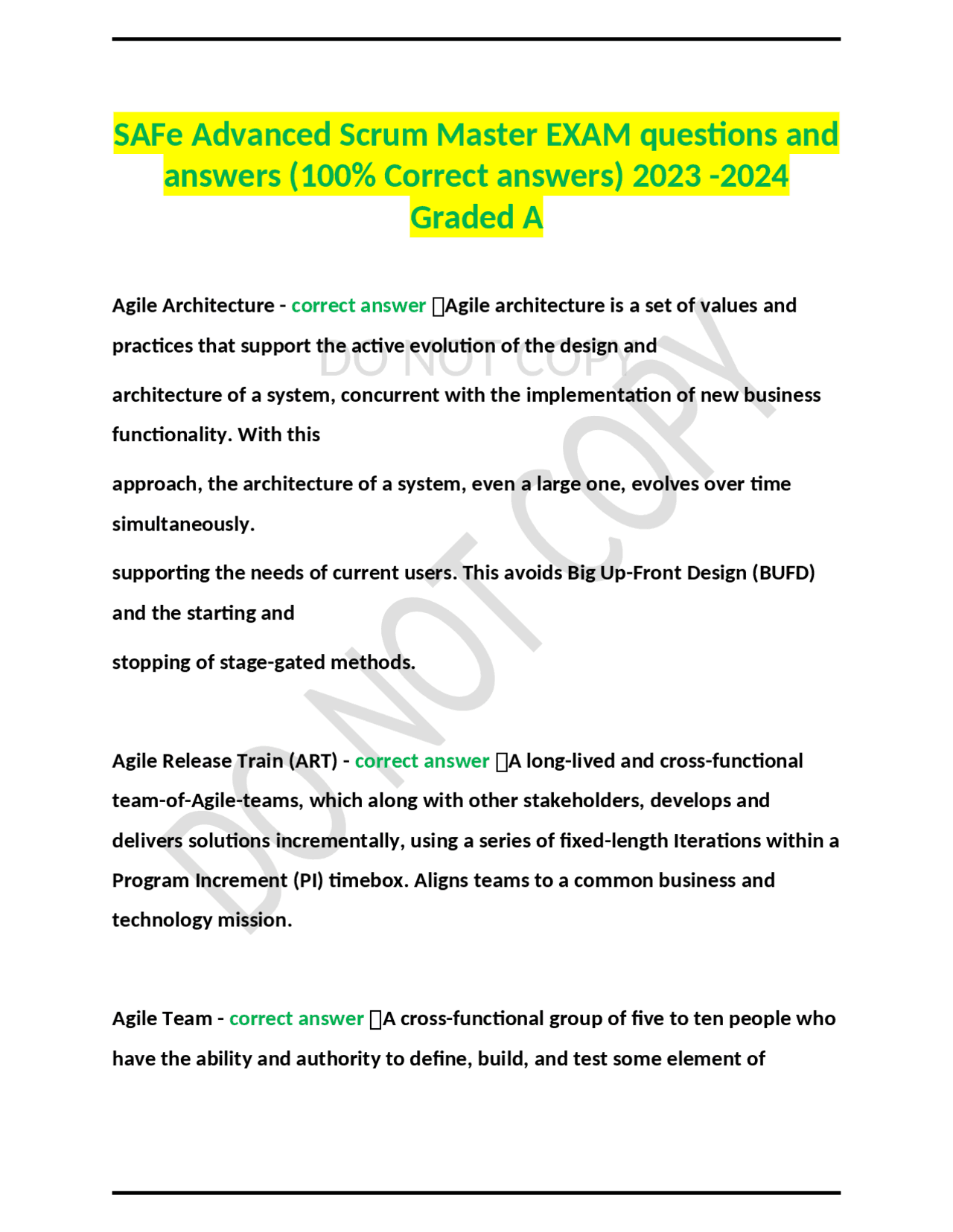 SAFe Advanced Scrum Master EXAM questions and answers (100% Correct ...