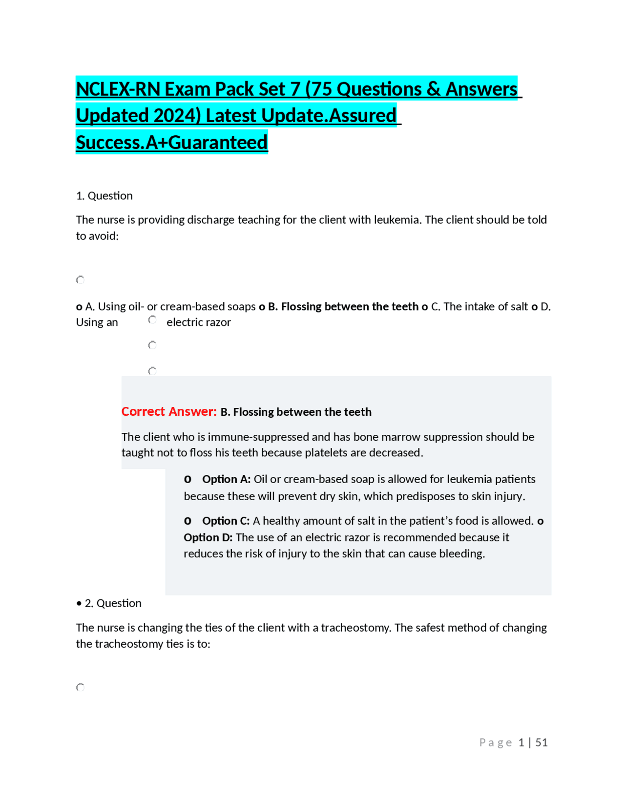 NCLEX-RN Exam Pack Set 7 (75 Questions & Answers Updated 2024) Latest ...