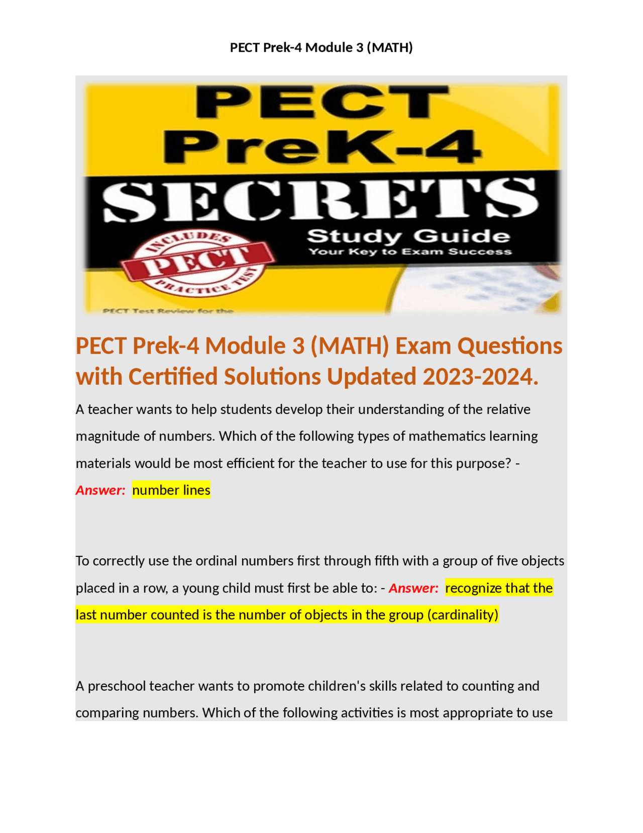 PECT Prek-4 Module 3 (MATH) Exam Questions with Certified Solutions ...