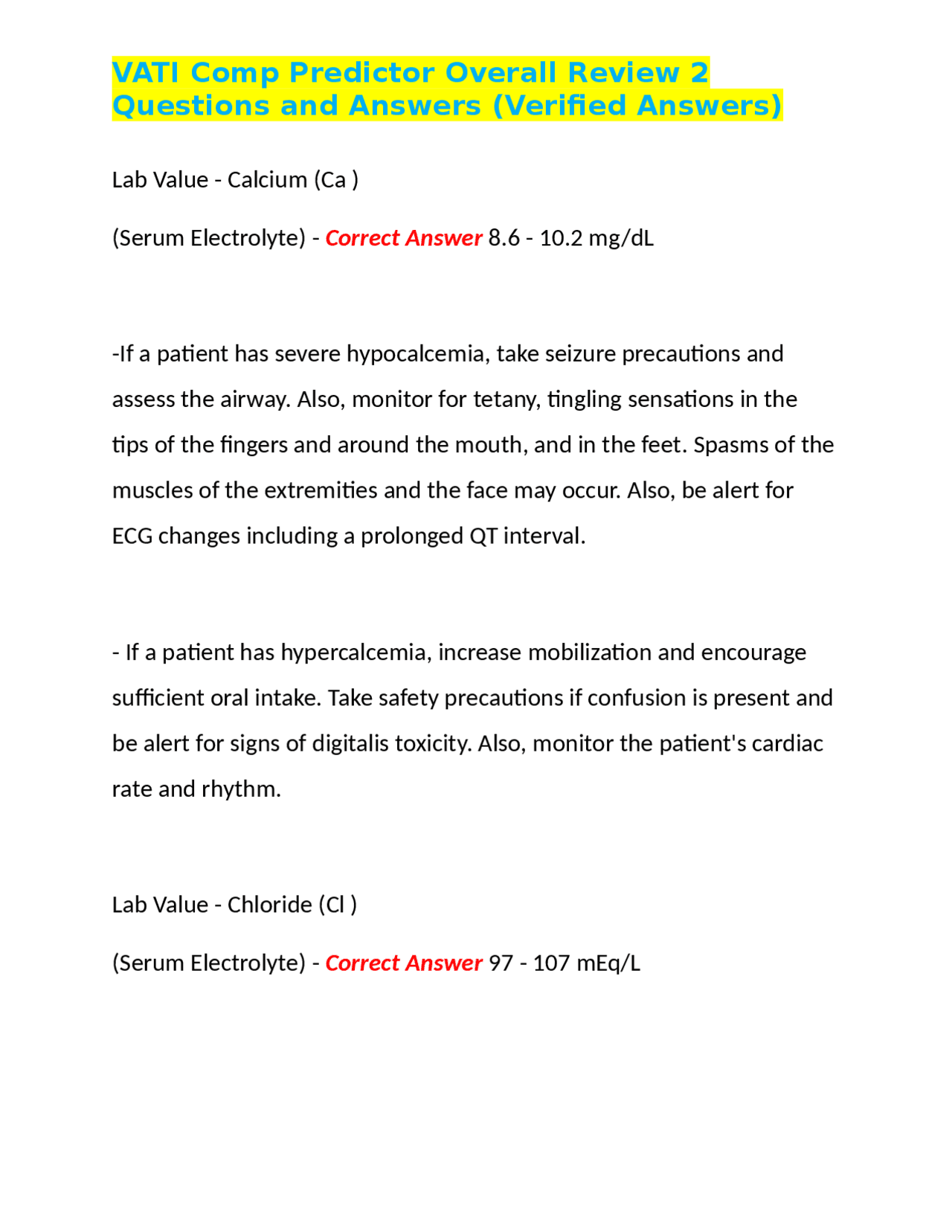 Serum Electrolyte Lab Values and Nursing Interventions | Exams Nursing ...