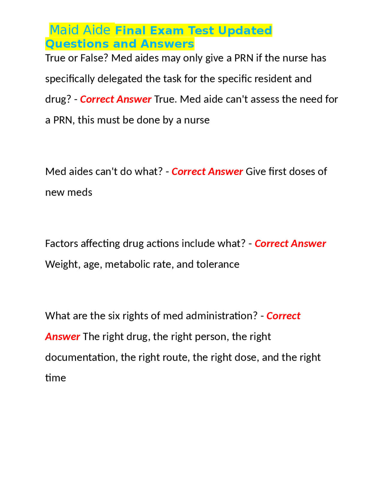 Maid Aide Final Exam Test Updated Questions and Answers | Exams Nursing ...