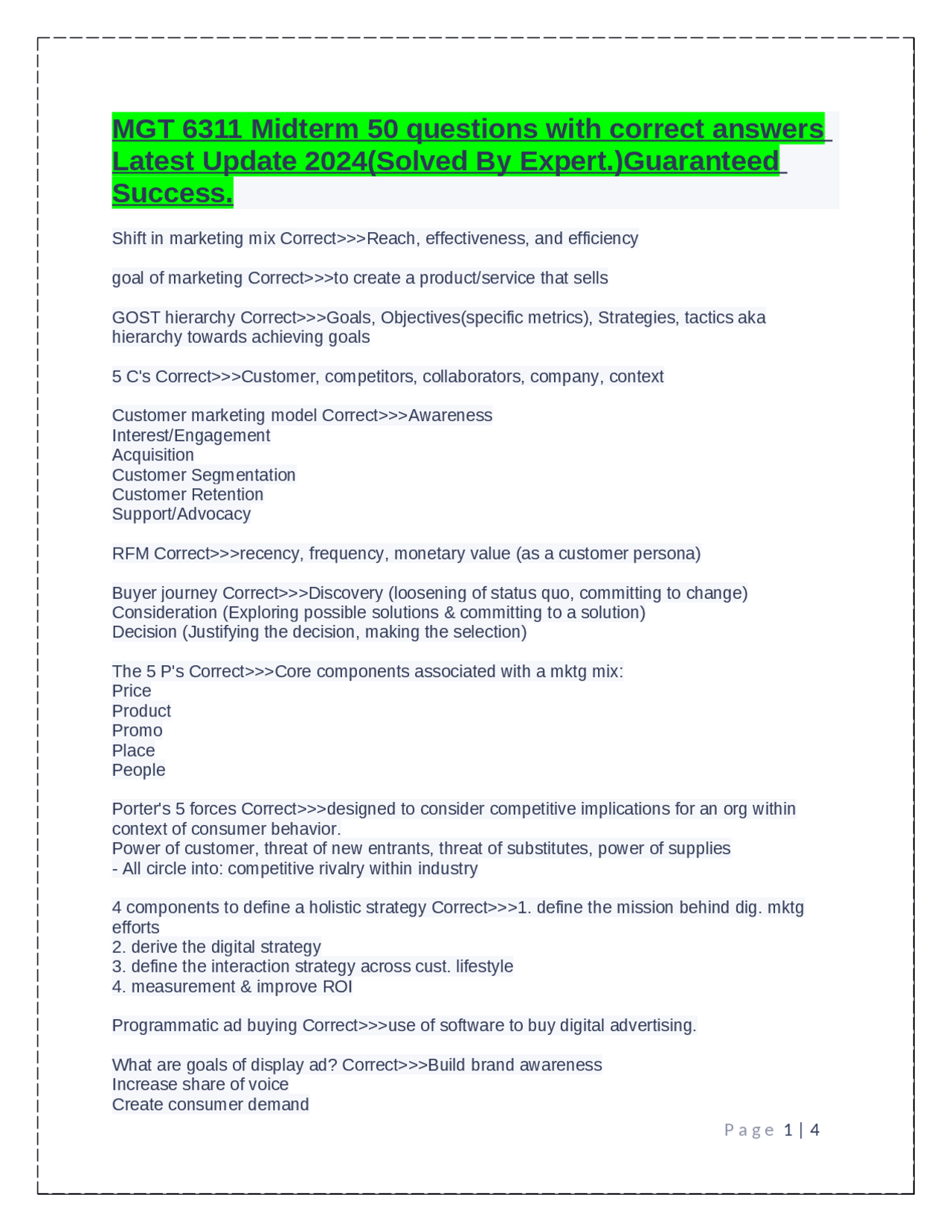 MGT 6311 Midterm 50 questions with correct answers Latest Update 2024 ...