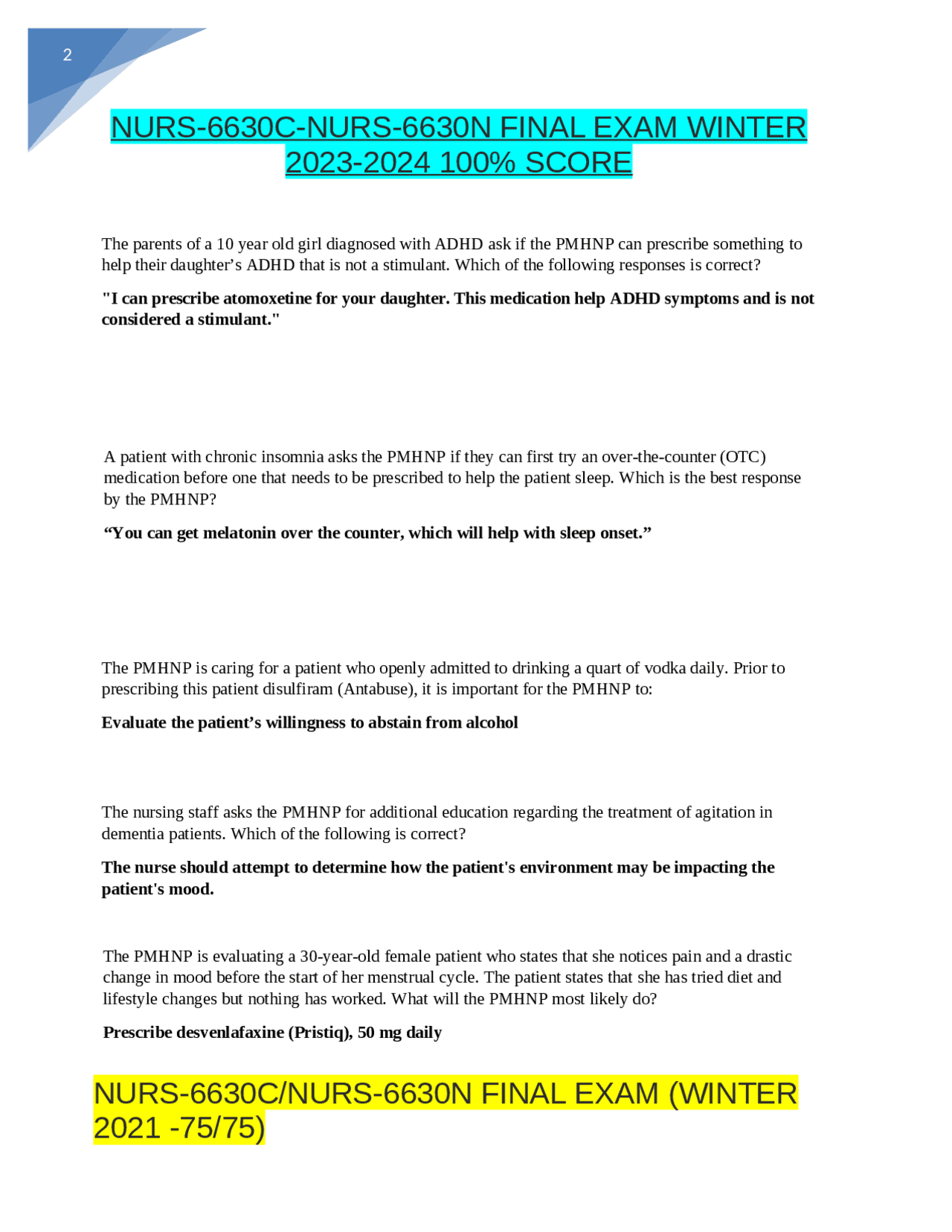 NURS-6630C-NURS-6630N Final Exam Winter 2023-2024 | Exams Nursing | Docsity