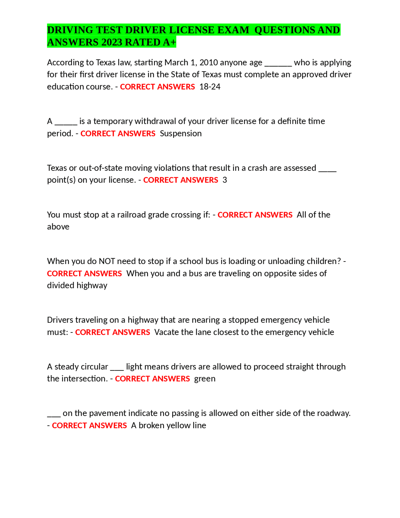 DRIVING TEST DRIVER LICENSE EXAM QUESTIONS AND ANSWERS 2023 RATED A+ ...