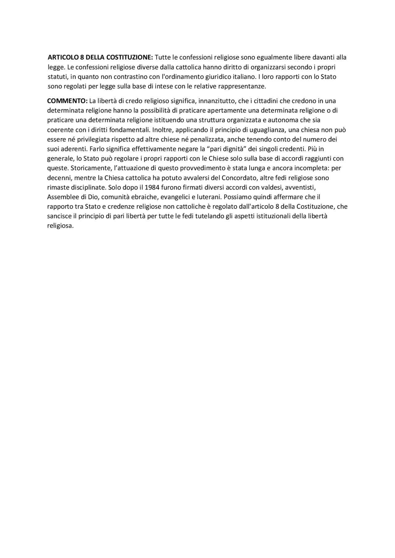articolo 8 della costituzione | Schemi e mappe concettuali di Diritto ...