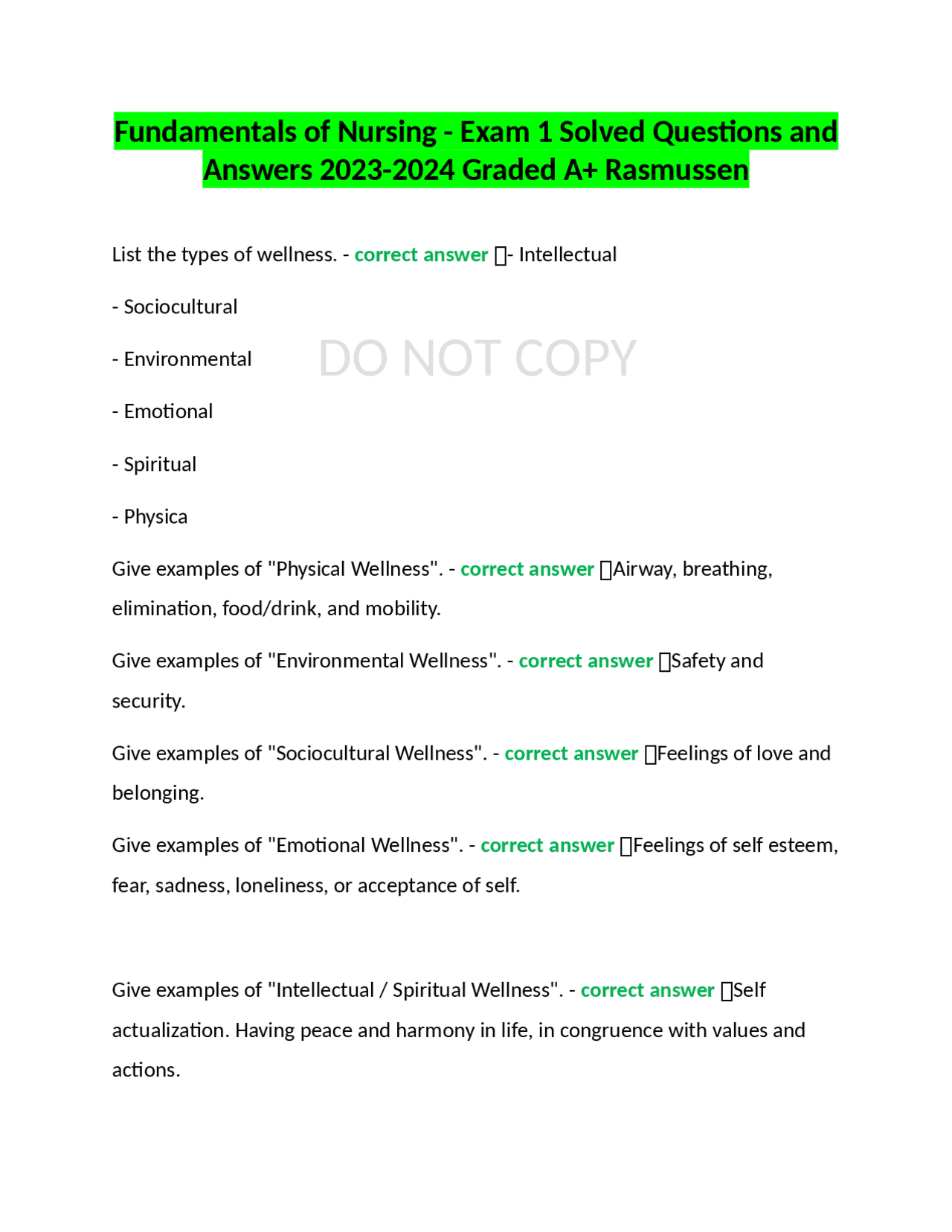 Fundamentals of Nursing - Exam 1 Solved Questions and Answers 2023-2024 ... Fundamentals of Nursing - Exam 1 Solved Questions and Answers 2023-2024 ...