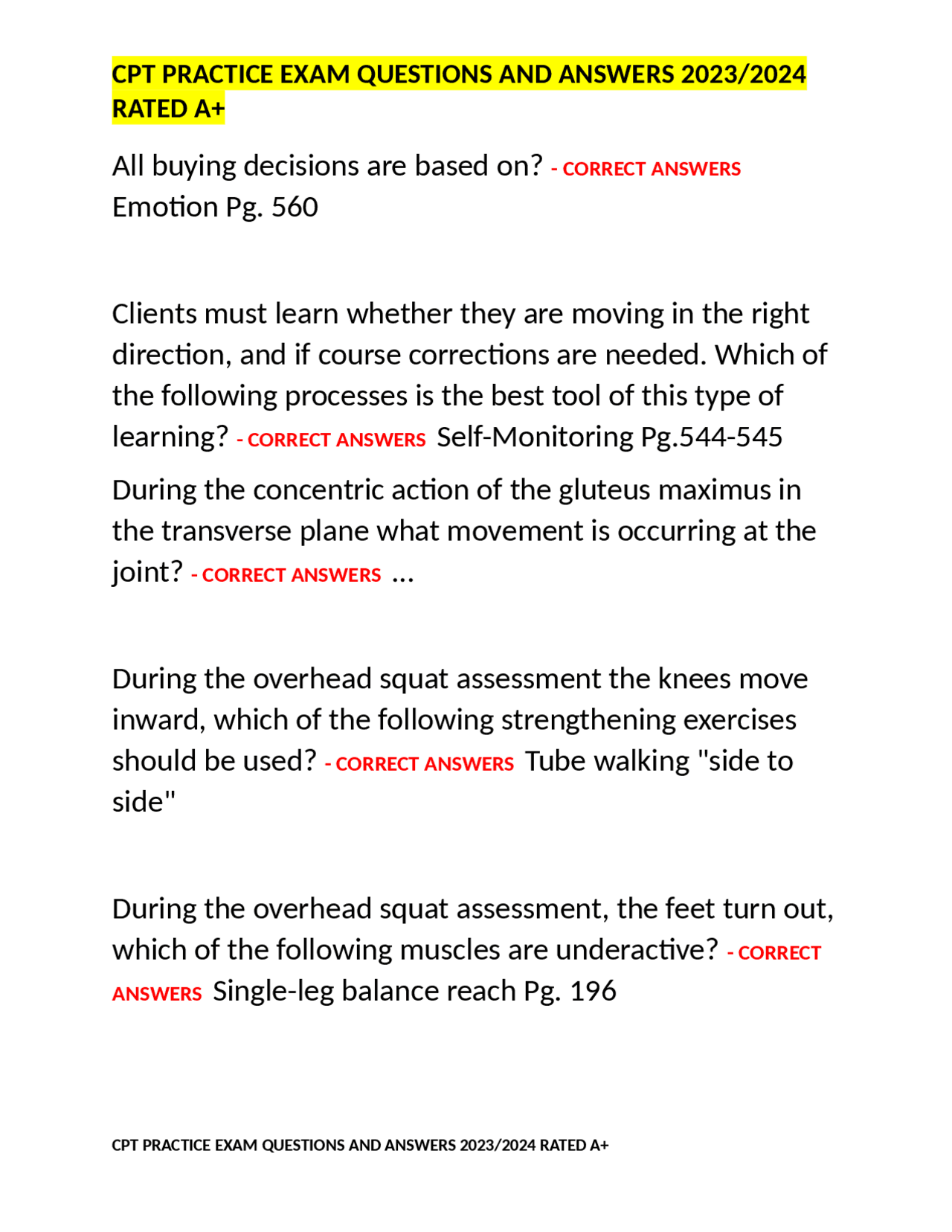 CPT PRACTICE EXAM QUESTIONS AND ANSWERS 2023/2024 RATED A+ | Exams ...