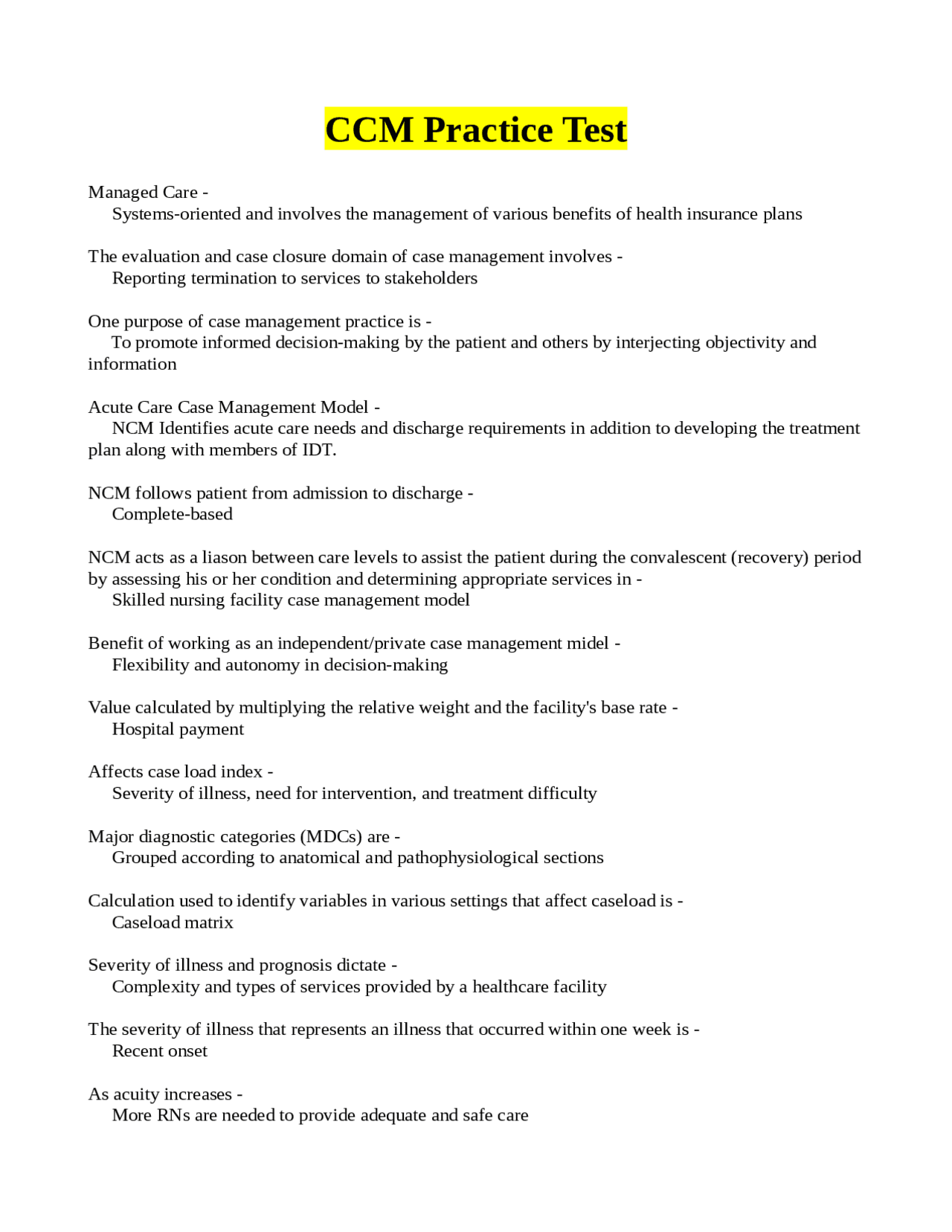 CCM Practice Test Managed Care | Exams Medicine | Docsity