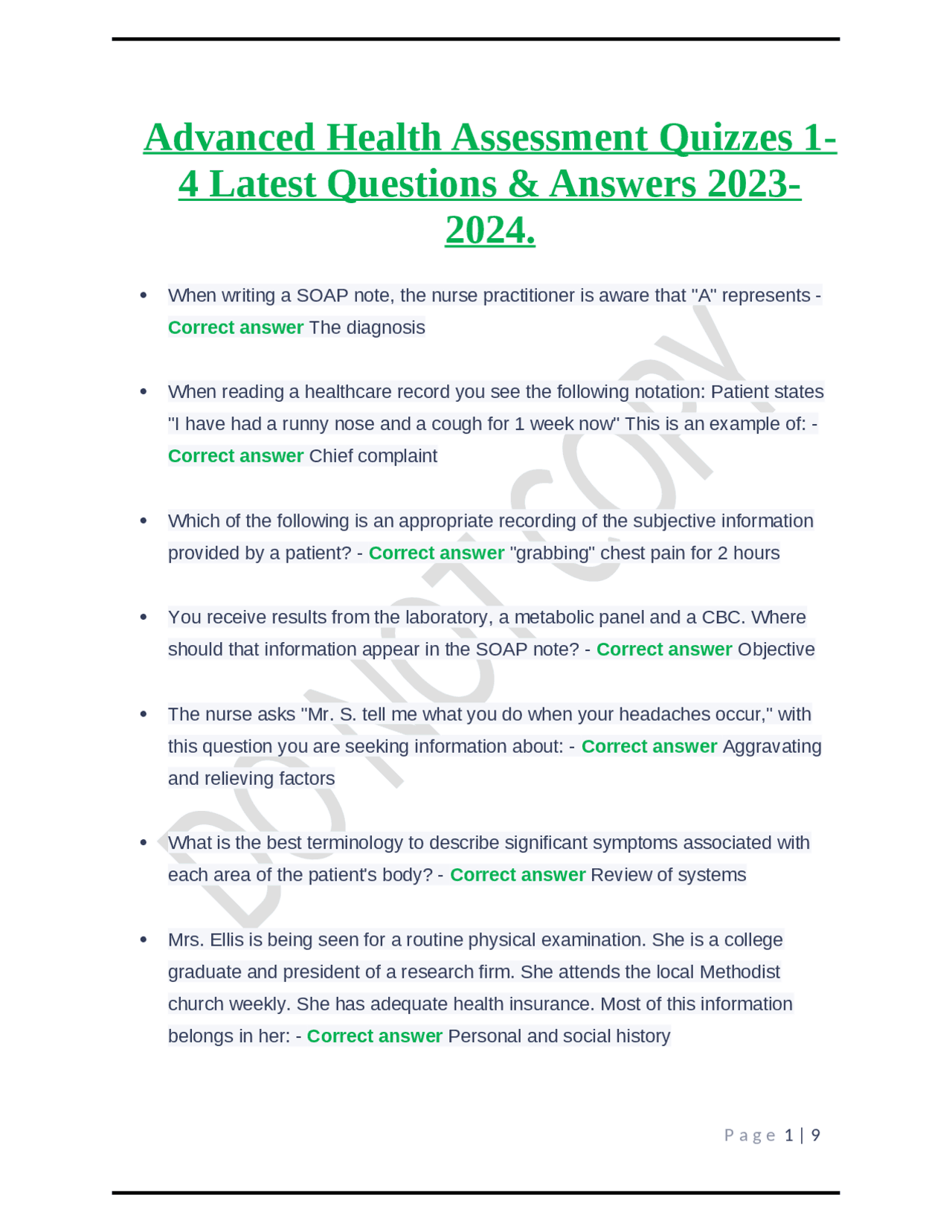 Advanced Health Assessment Quizzes 1-4 Latest Questions & Answers 2023 ...