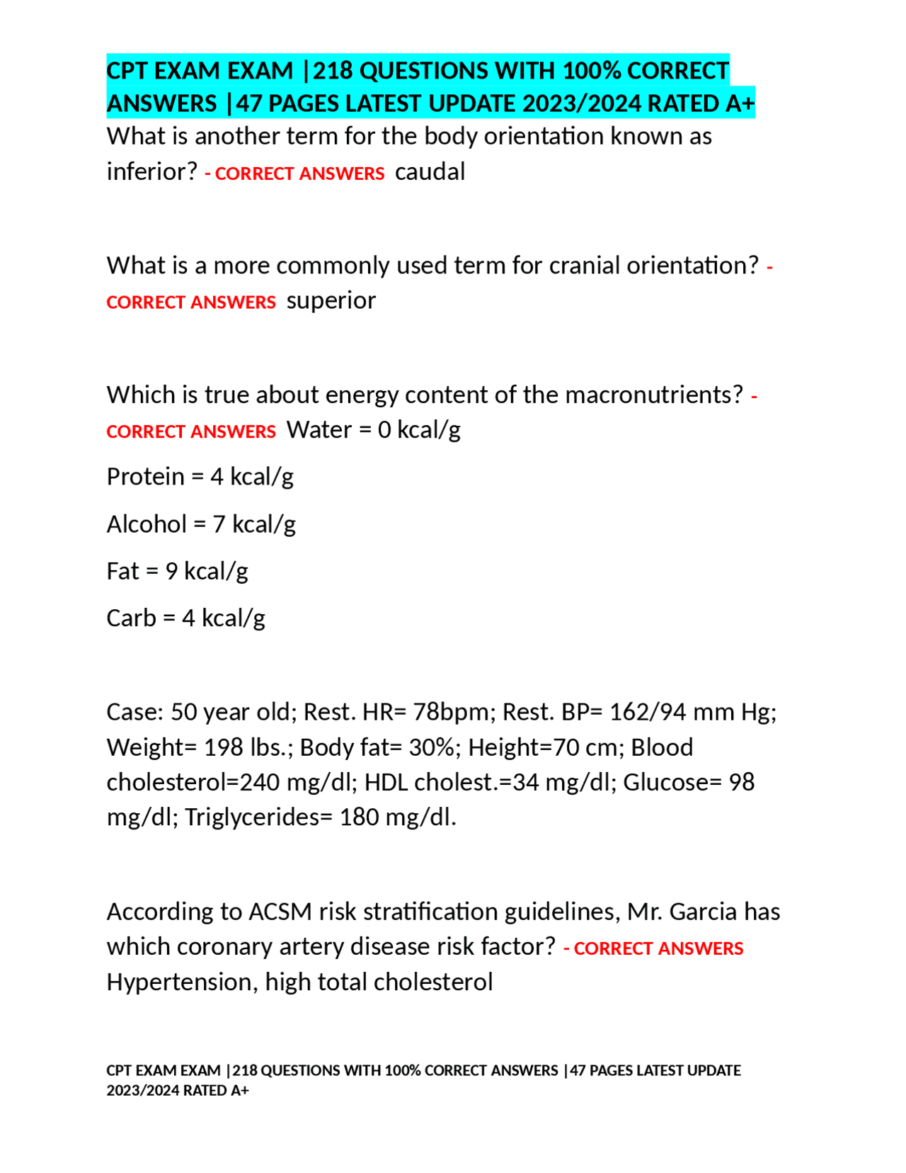 Cpt Exam Exam 218 Questions With 100 Correct Answers 47 Pages Latest Update 2023 2024 R