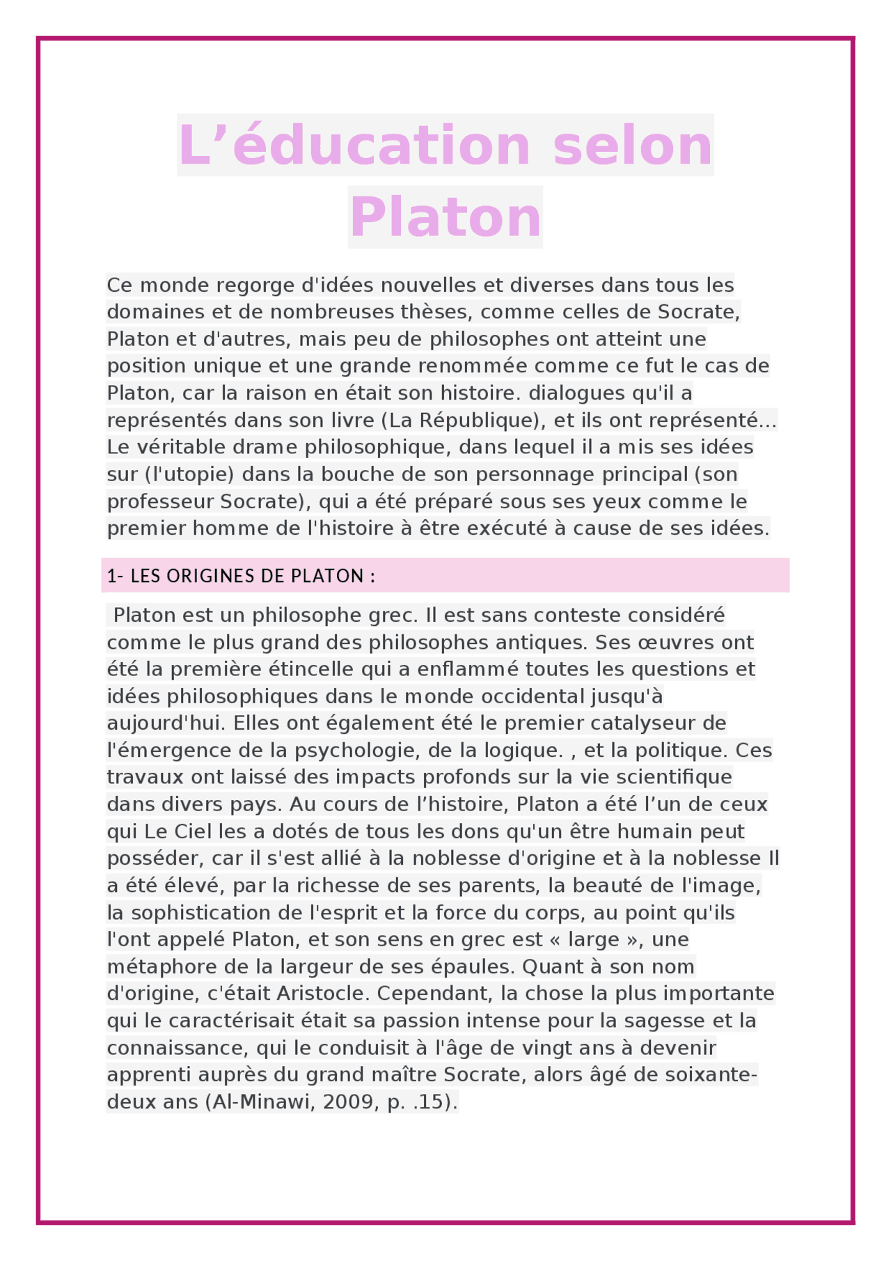 l'education selon platon | Study Guides, Projects, Research Science education | Docsity