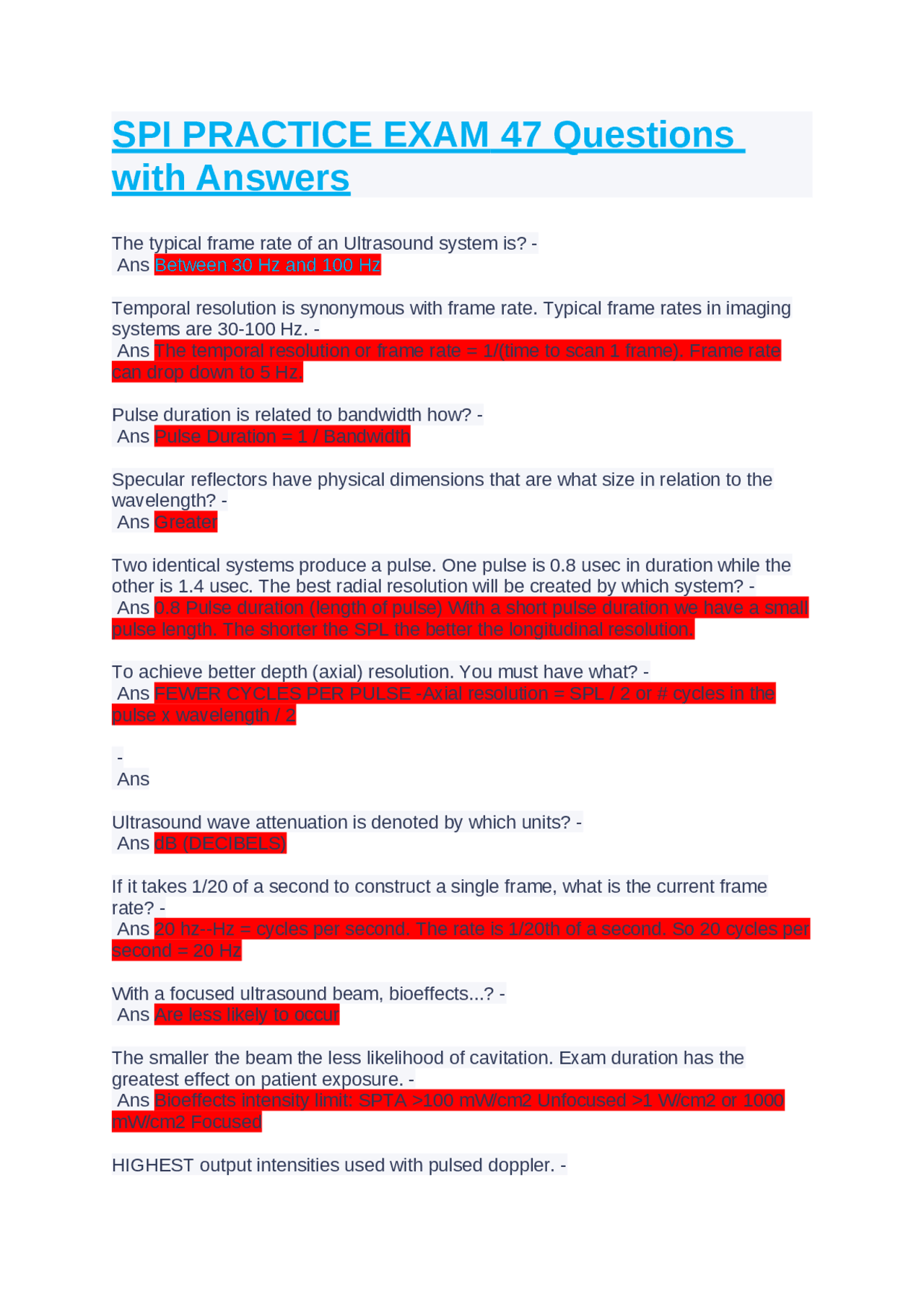 SPI PRACTICE EXAM 47 Questions with Answers | Exams Nursing | Docsity