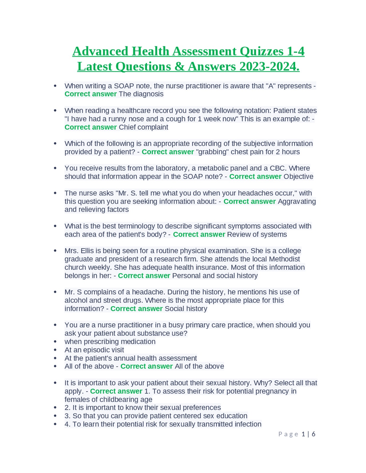 Advanced Health Assessment Quizzes 1-4 Latest Questions & Answers 2023 ...