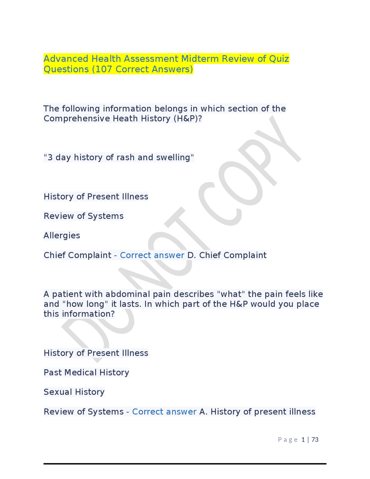 Advanced Health Assessment Midterm Review of Quiz Questions (107 ...