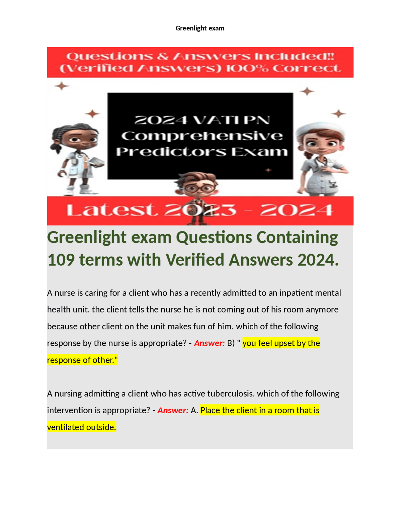 Greenlight exam Questions | Exams Nursing | Docsity