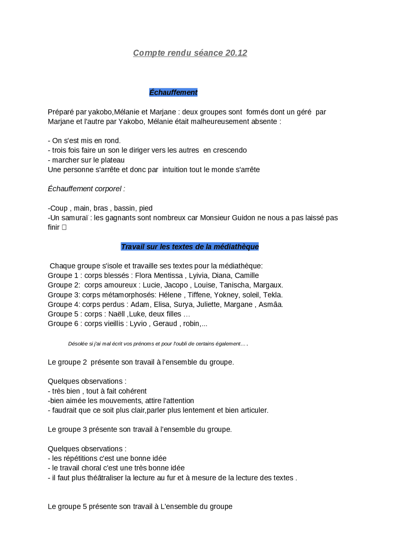 Cours théâtre réalisé le 20 décembre | Lectures Théâtre | Docsity