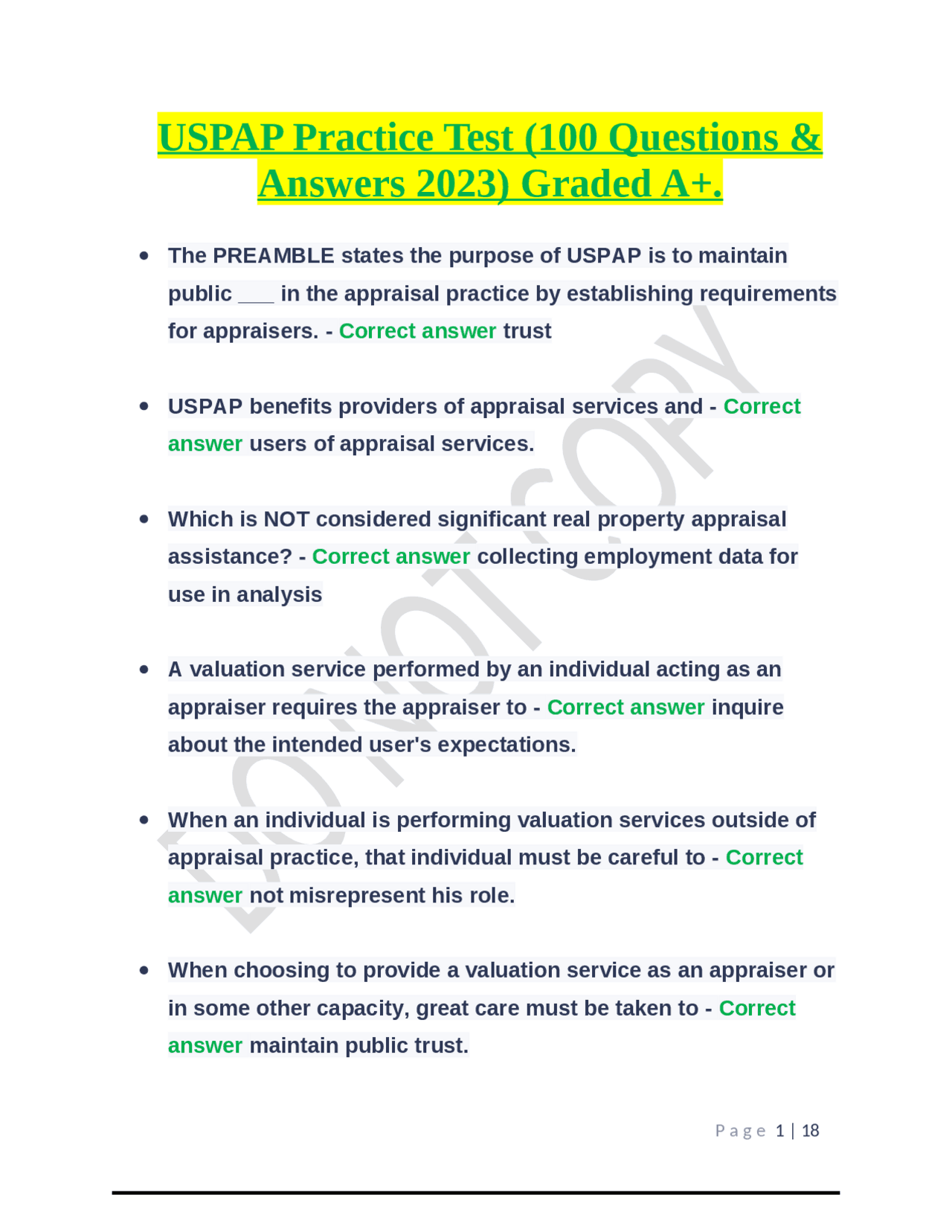 USPAP Practice Test (100 Questions & Answers 2023) Graded A+ | Exams ...