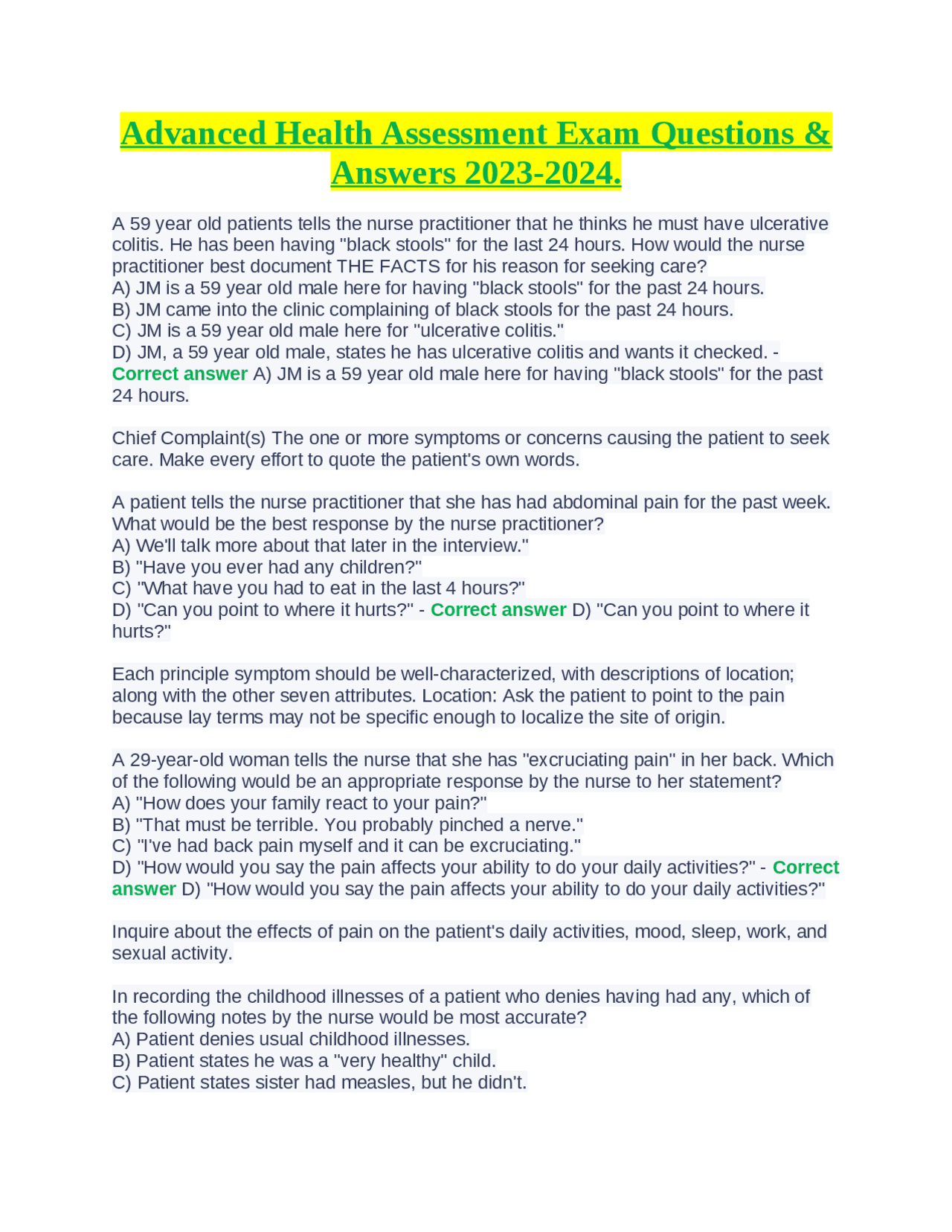 Advanced Health Assessment Exam Questions & Answers 2023-2024. | Exams ...