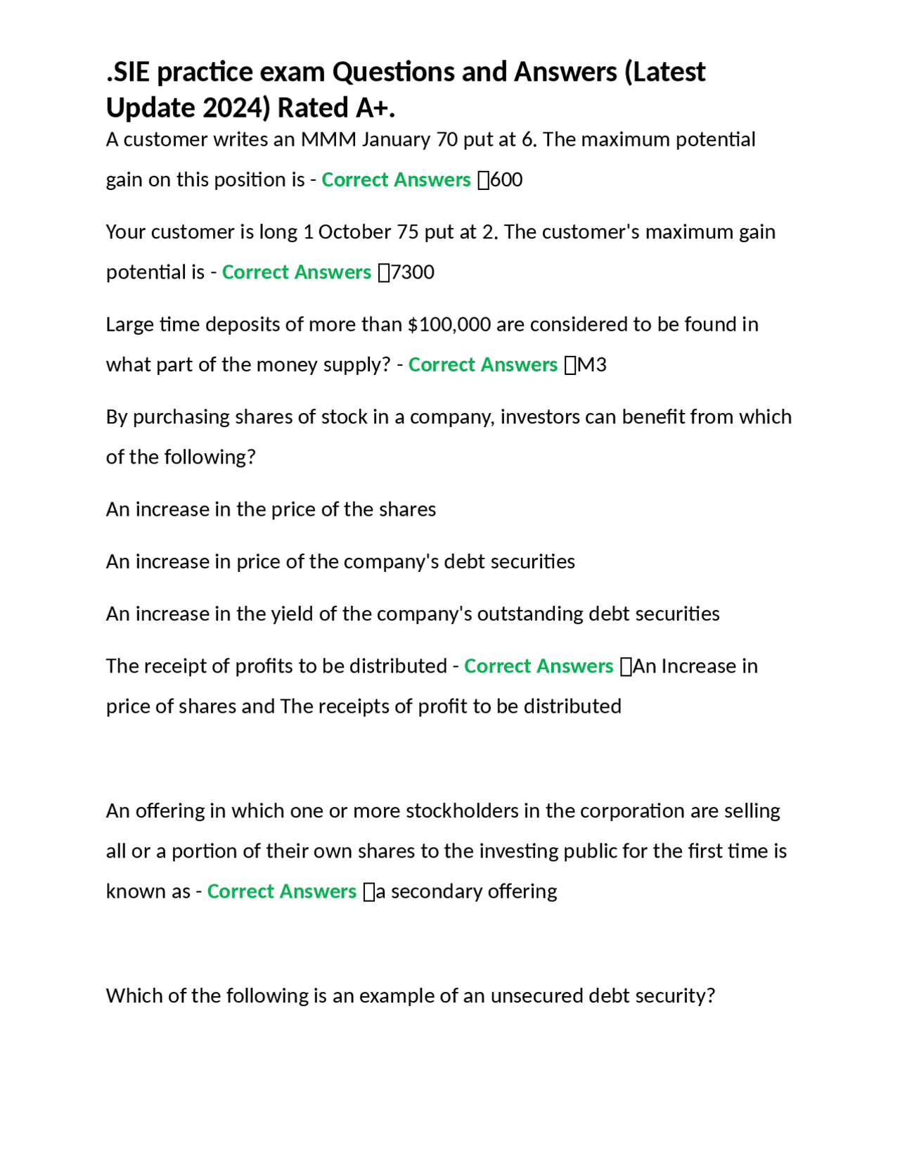 SIE practice exam Questions and Answers (Latest Update 2024) Rated A+ ...