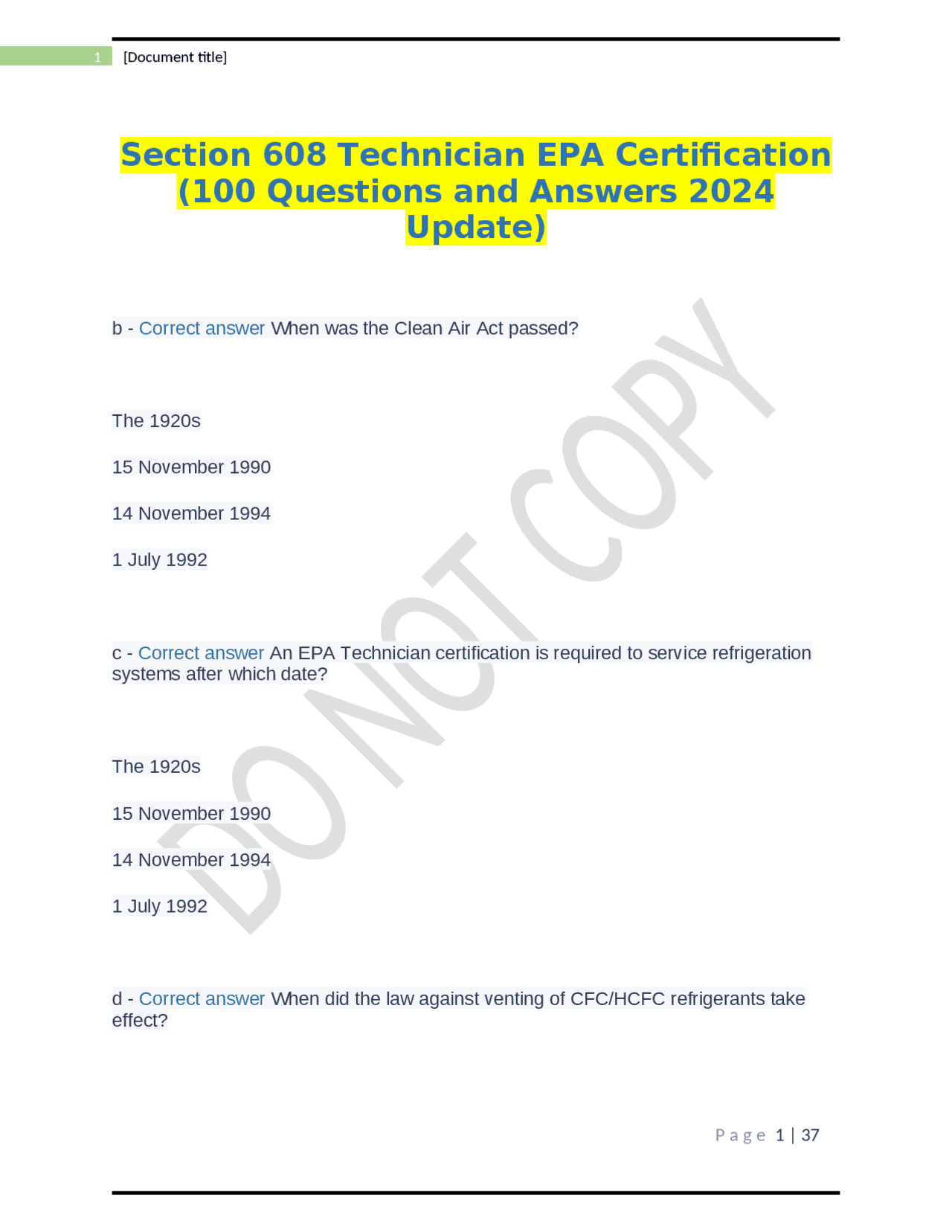 Section 608 Technician EPA Certification (100 Questions and Answers ...