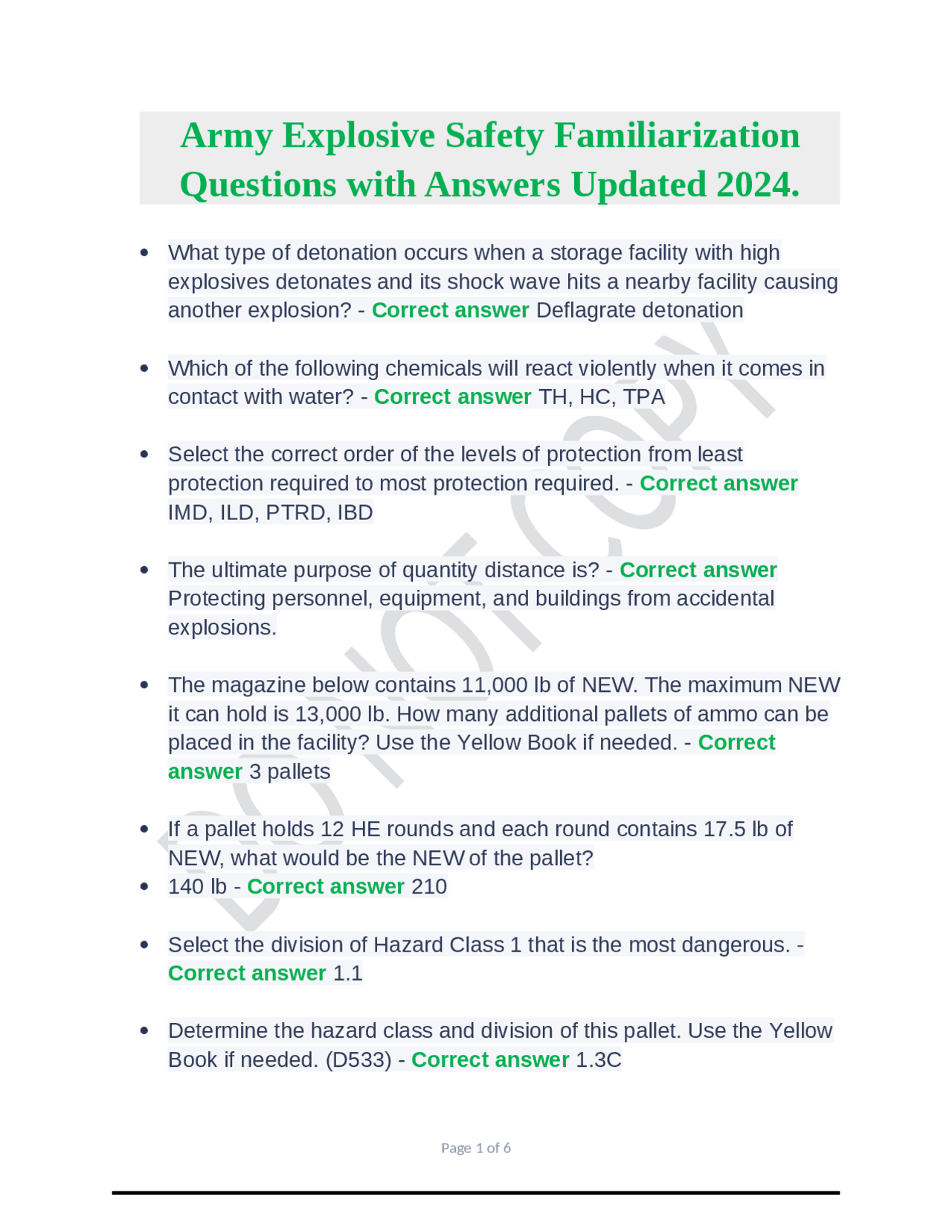 Army Explosive Safety Familiarization Questions with Answers Updated ...