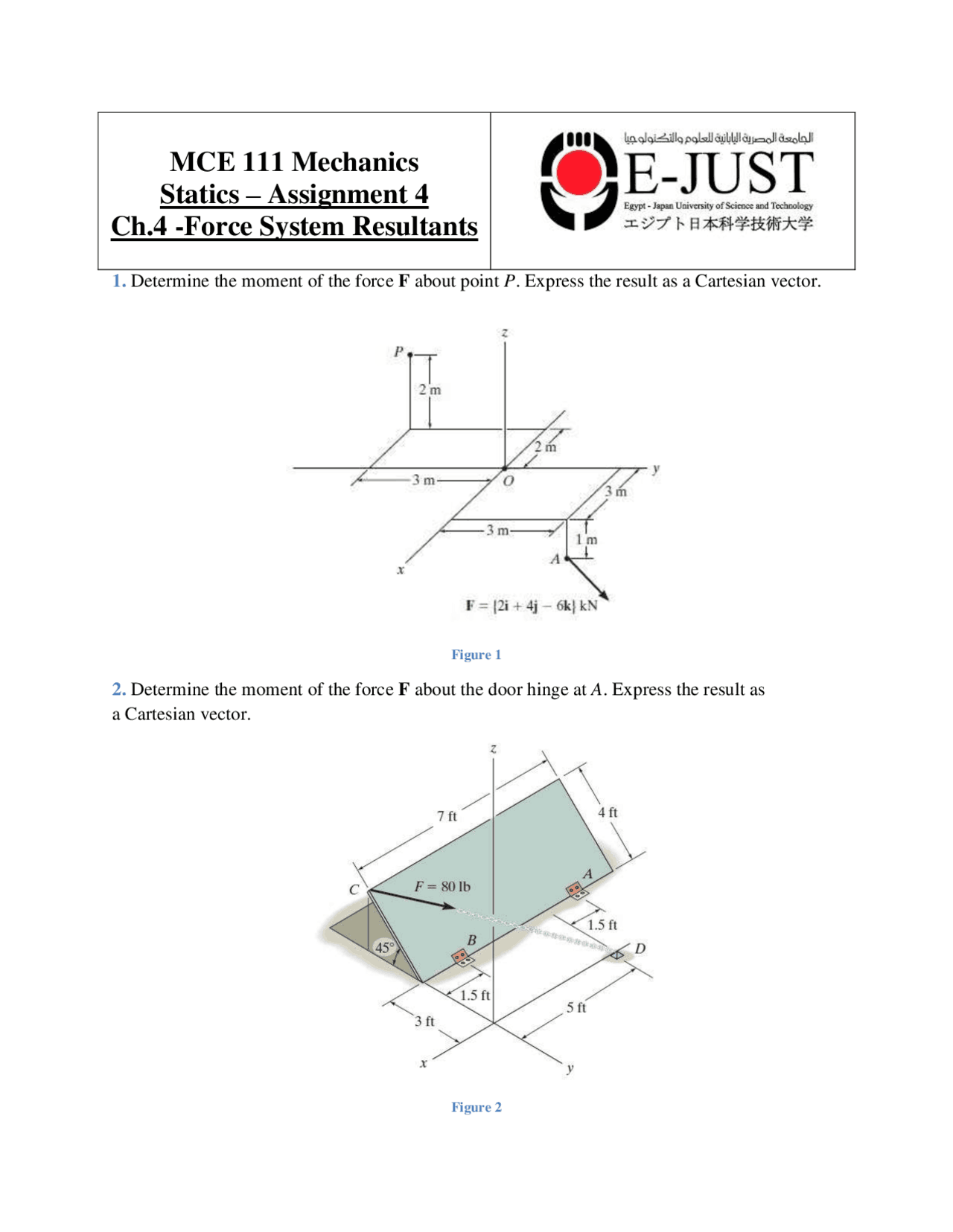 Statics - Assignment 4: Force System Resultants | Cheat Sheet Statistics | Docsity