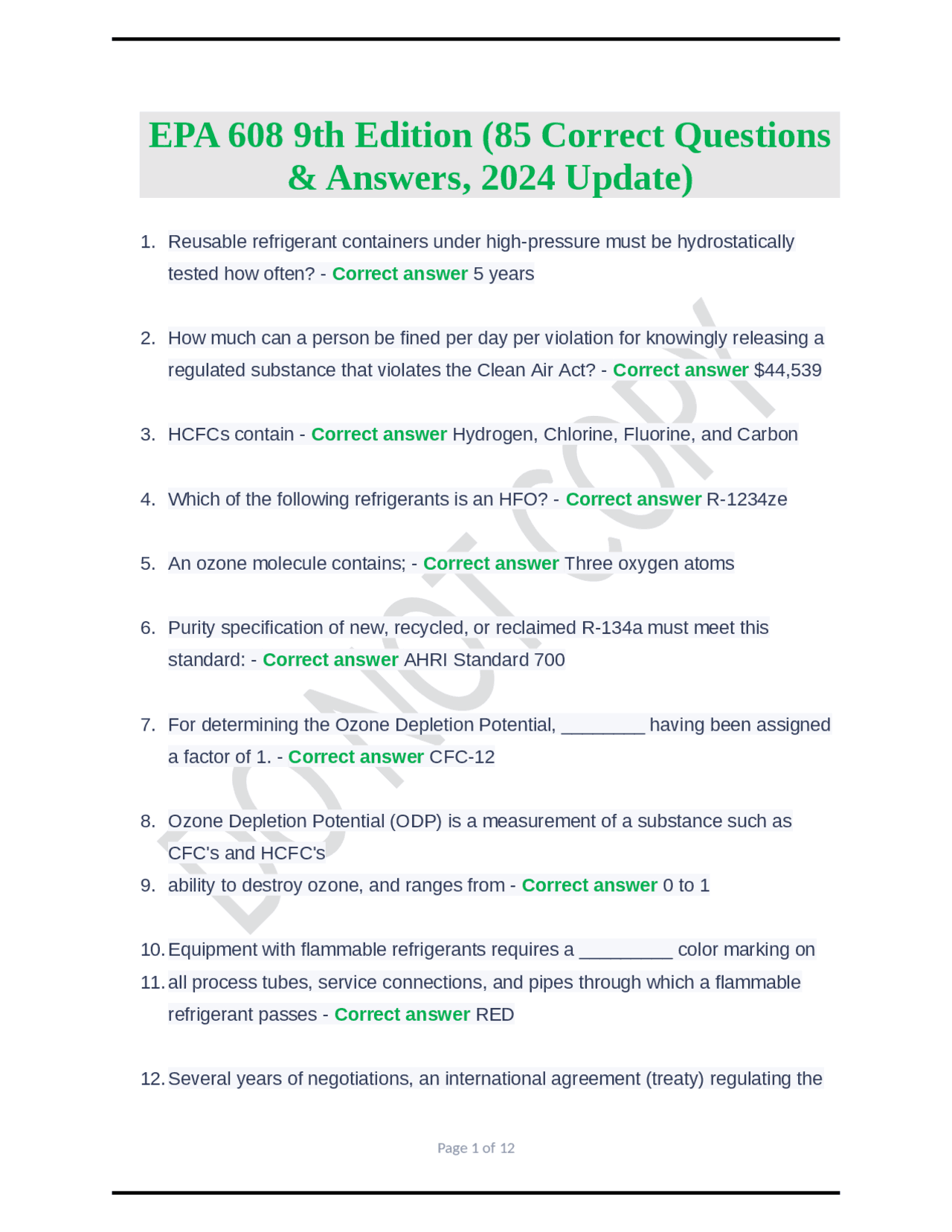 EPA 608 9th Edition (85 Correct Questions & Answers, 2024 Update ...