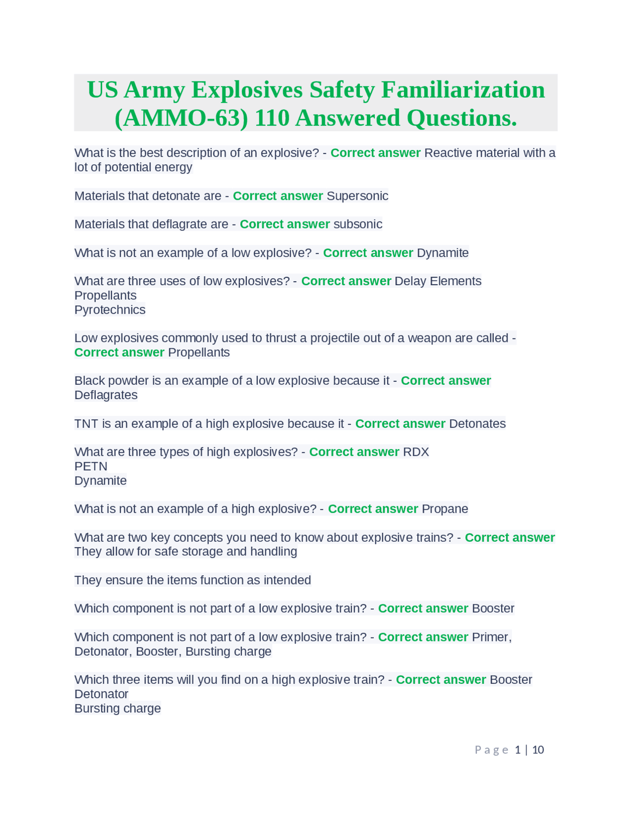 US Army Explosives Safety Familiarization (AMMO-63) 110 Answered ...