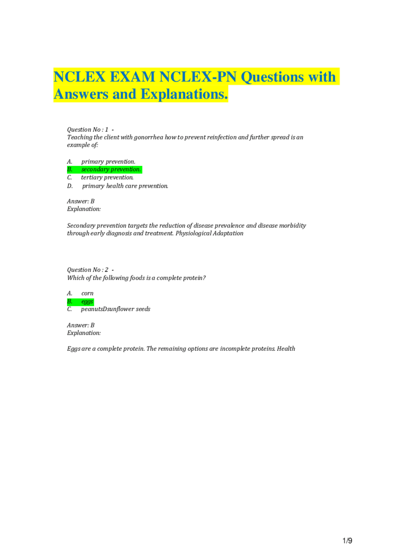 NCLEX EXAM NCLEX-PN Questions with Answers and Explanations. | Exams ...