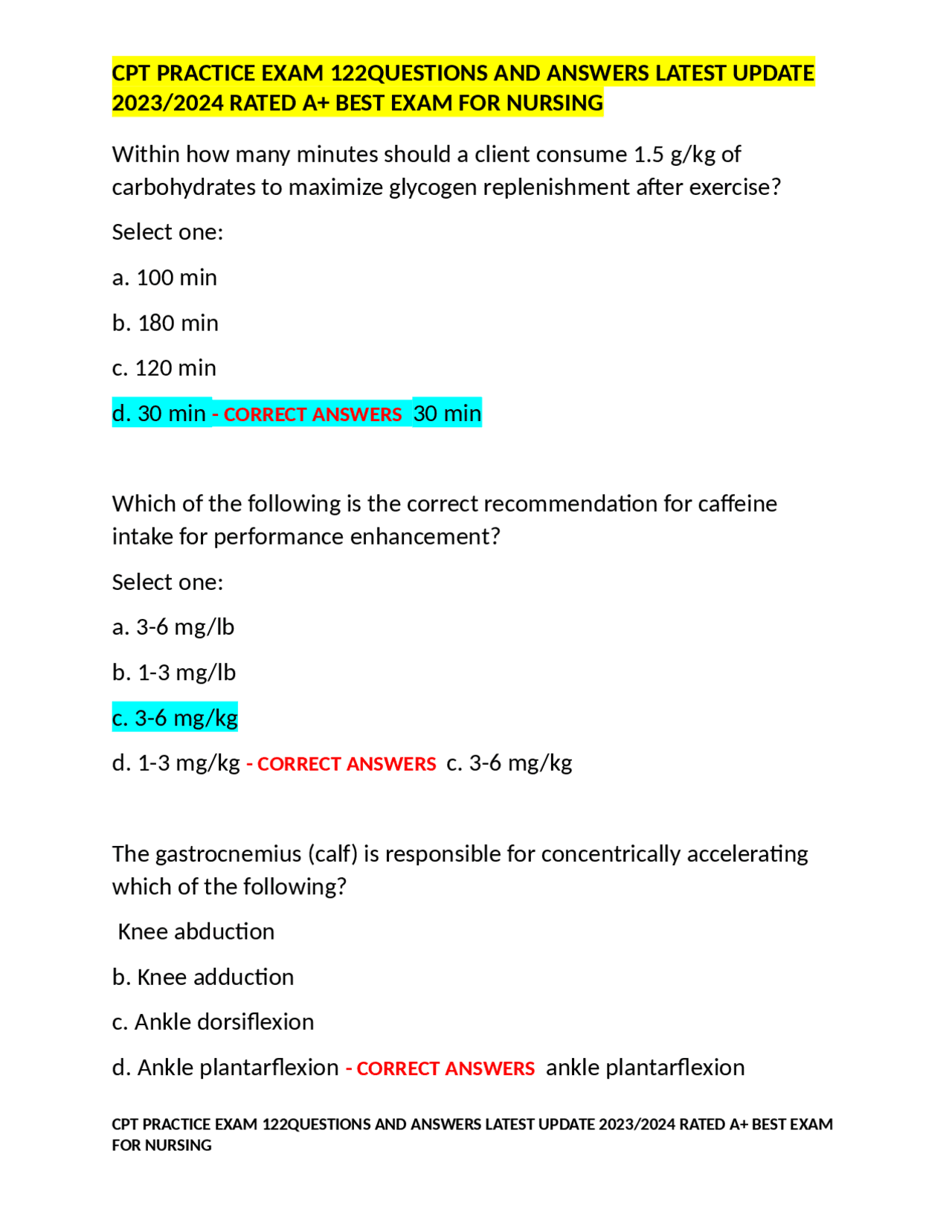 CPT PRACTICE EXAM 122QUESTIONS AND ANSWERS LATEST UPDATE 2023/2024 ...