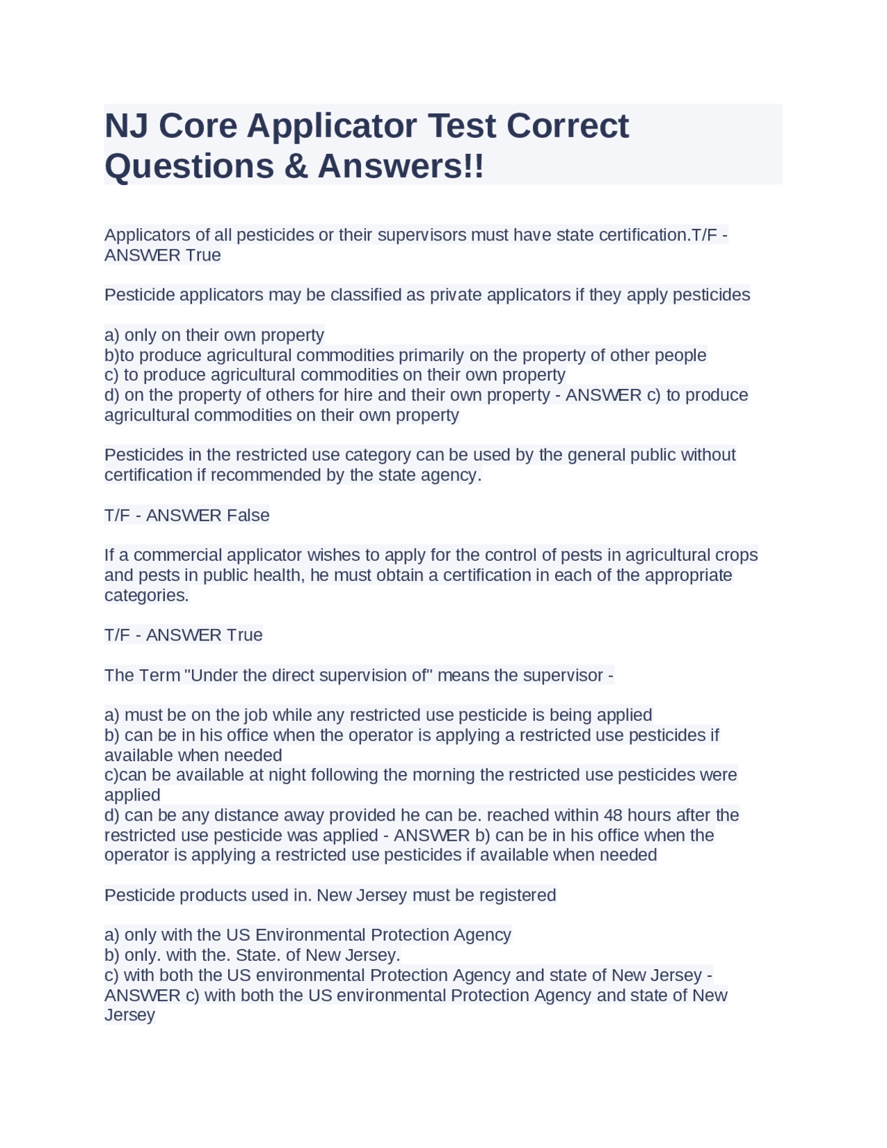 NJ Core Applicator Test Correct Questions & Answers!! | Exams ...