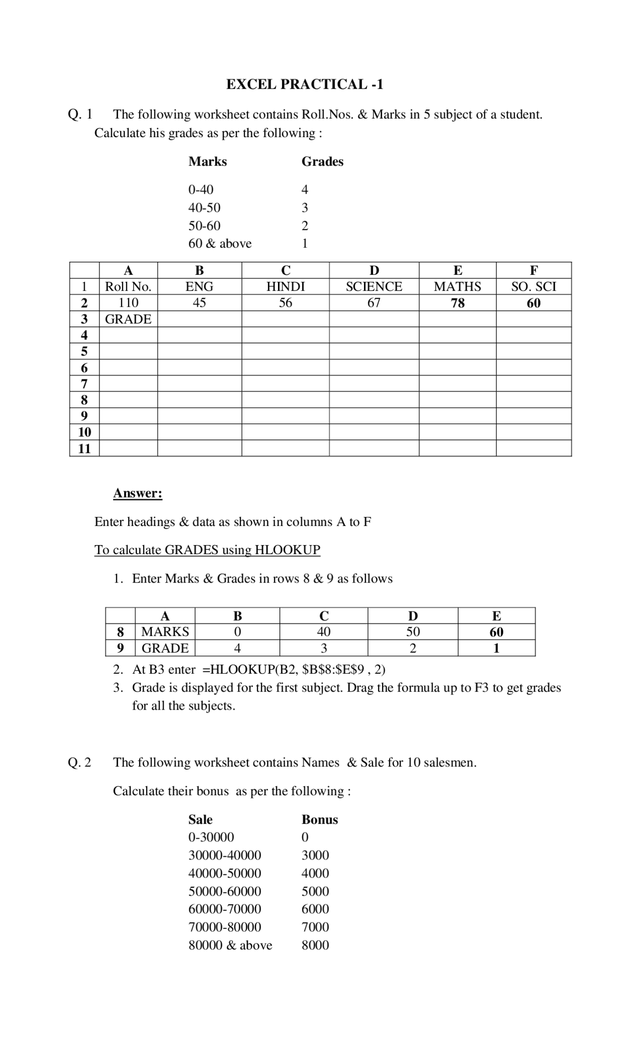 ms excel practical for student | Quizzes MS Microsoft Excel skills | Docsity