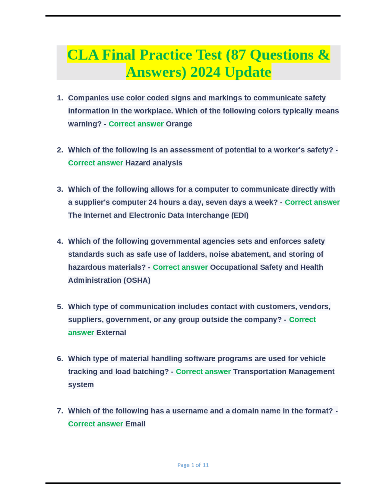 CLA Final Practice Test (87 Questions & Answers) 2024 Update | Exams ...