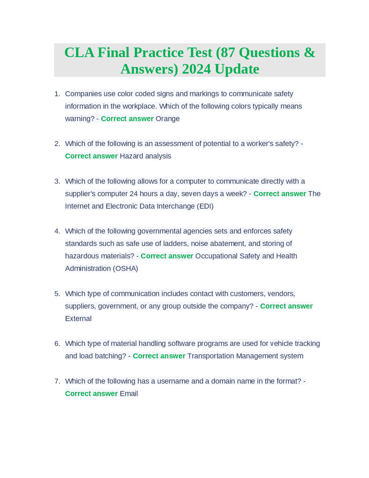 CLA Final Practice Test (87 Questions & Answers) 2024 Update | Exams ...