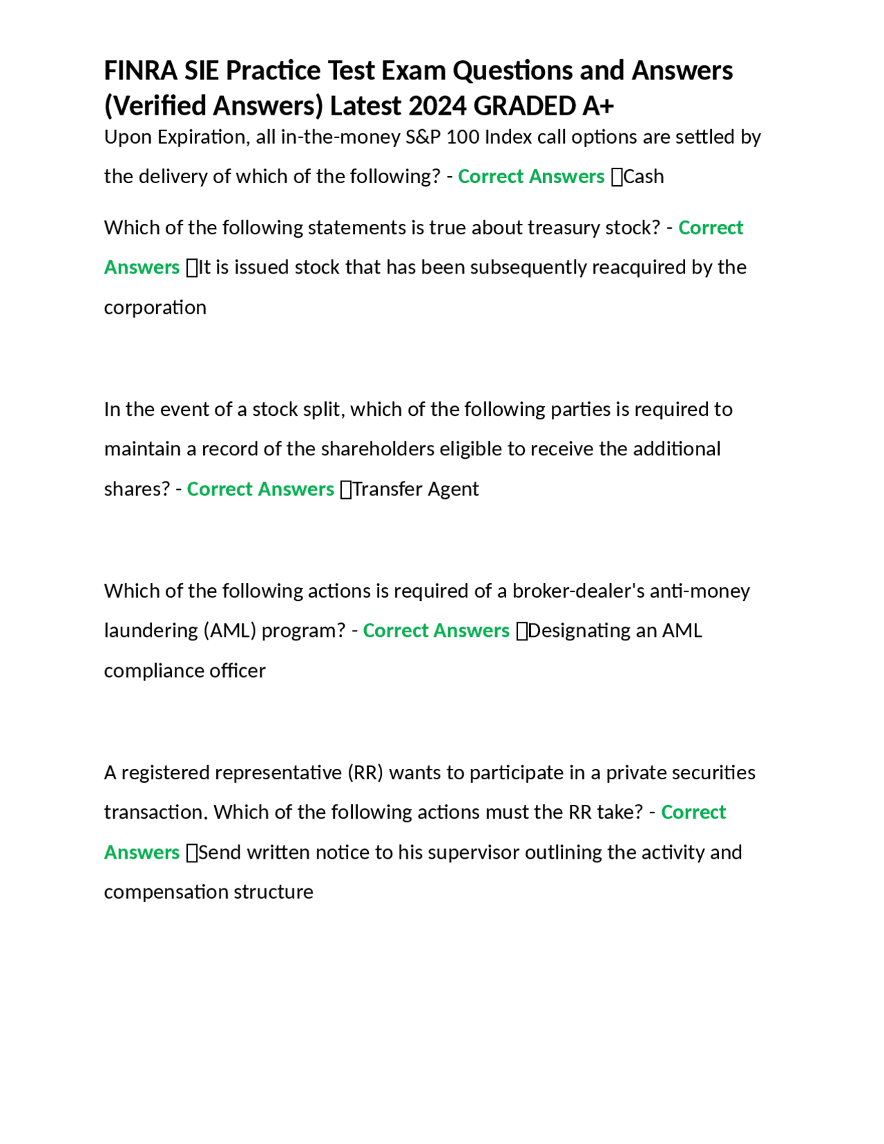 FINRA SIE Practice Test Exam Questions and Answers (Verified Answers ...