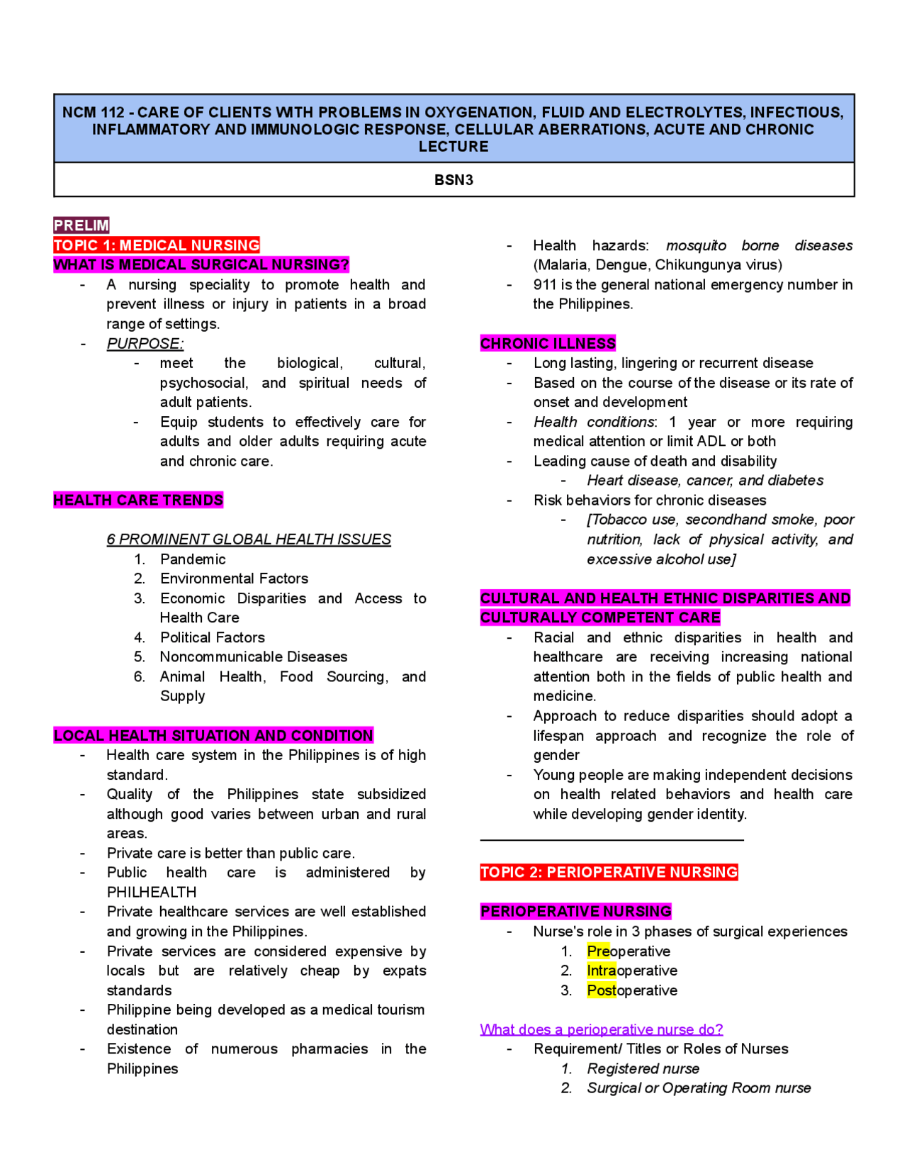 Medical Surgical Nursing LECTURE NOTES | Lecture notes Nursing | Docsity