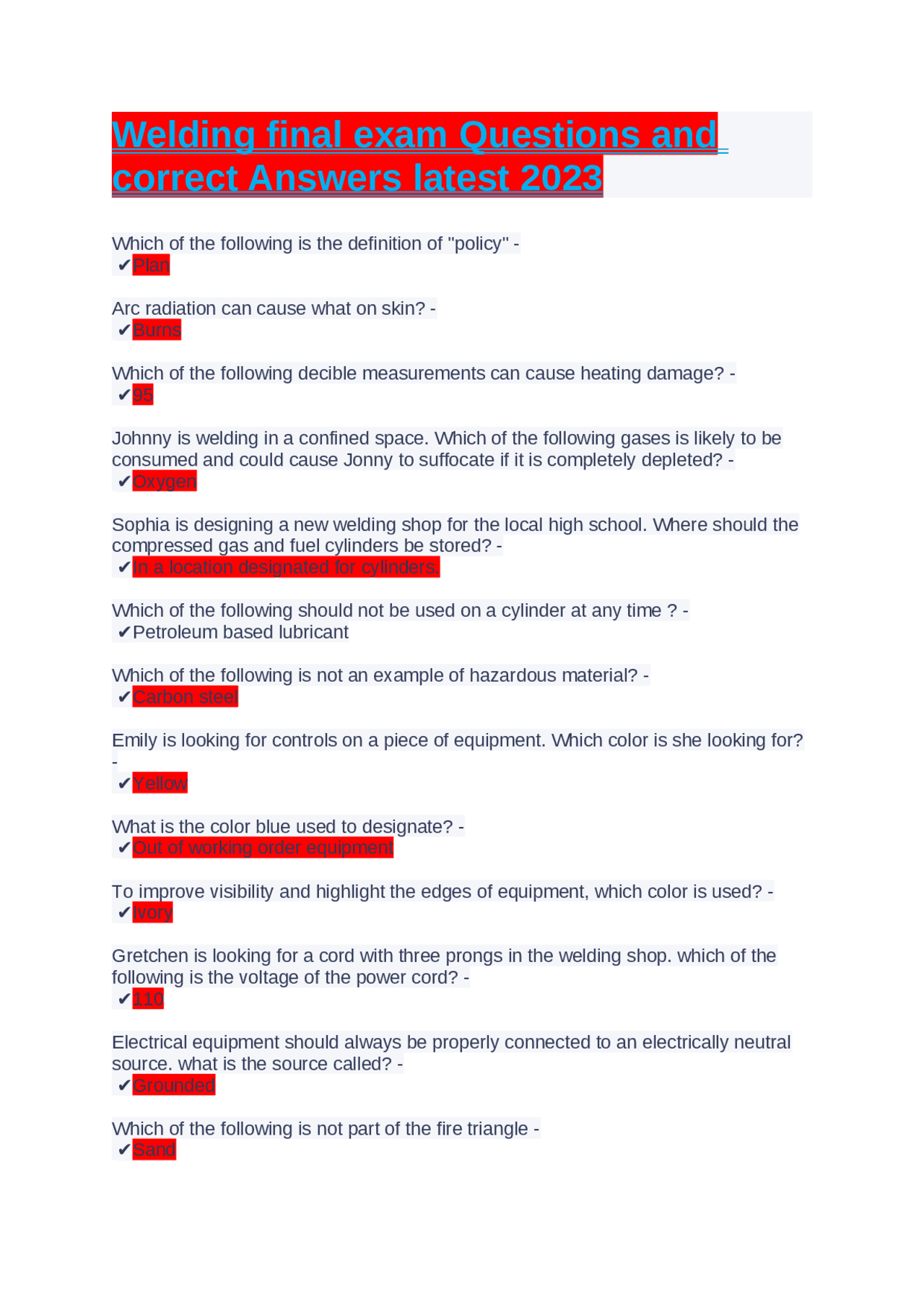 Welding final exam Questions and correct Answers latest 2023 | Exams ...