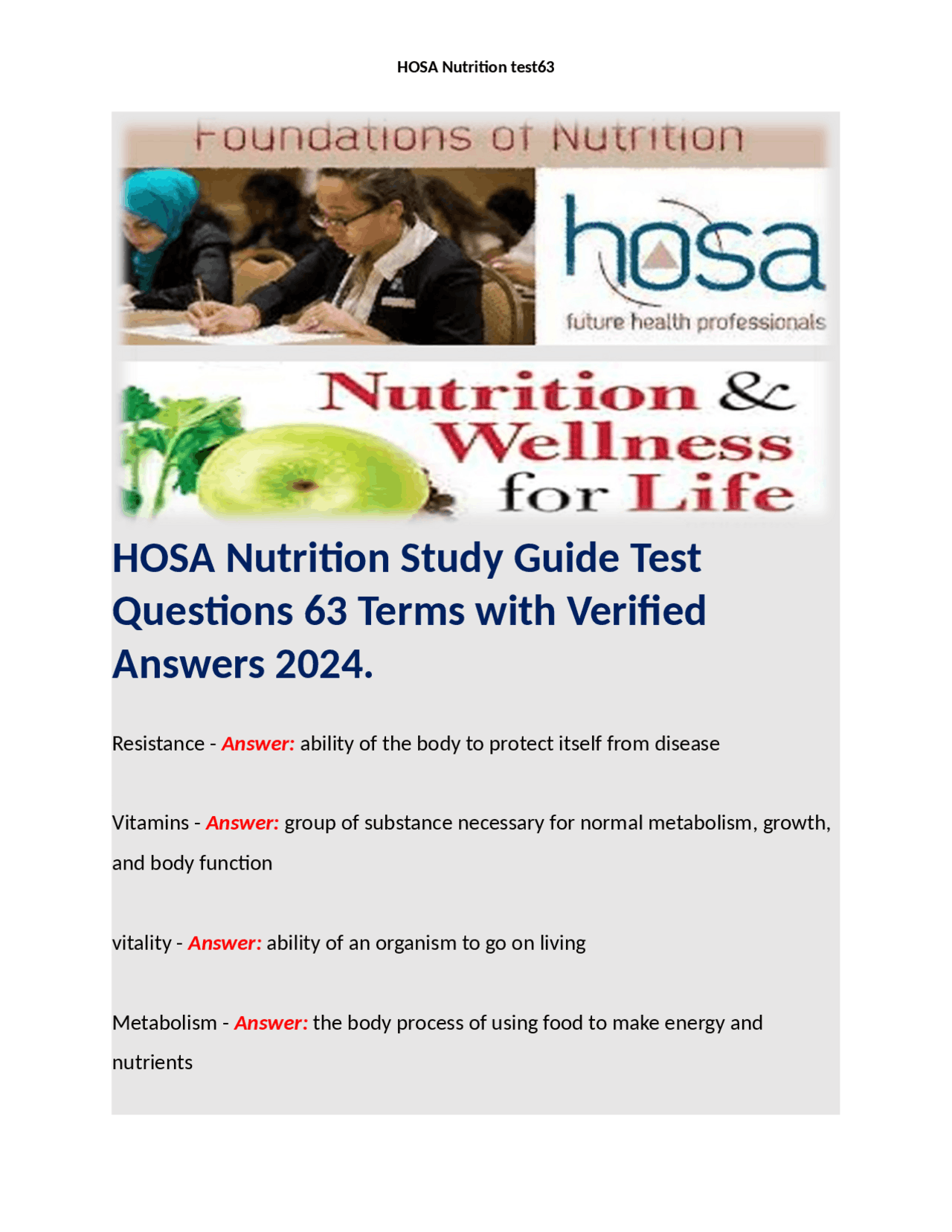 HOSA Nutrition Study Guide Test | Exams Nursing | Docsity