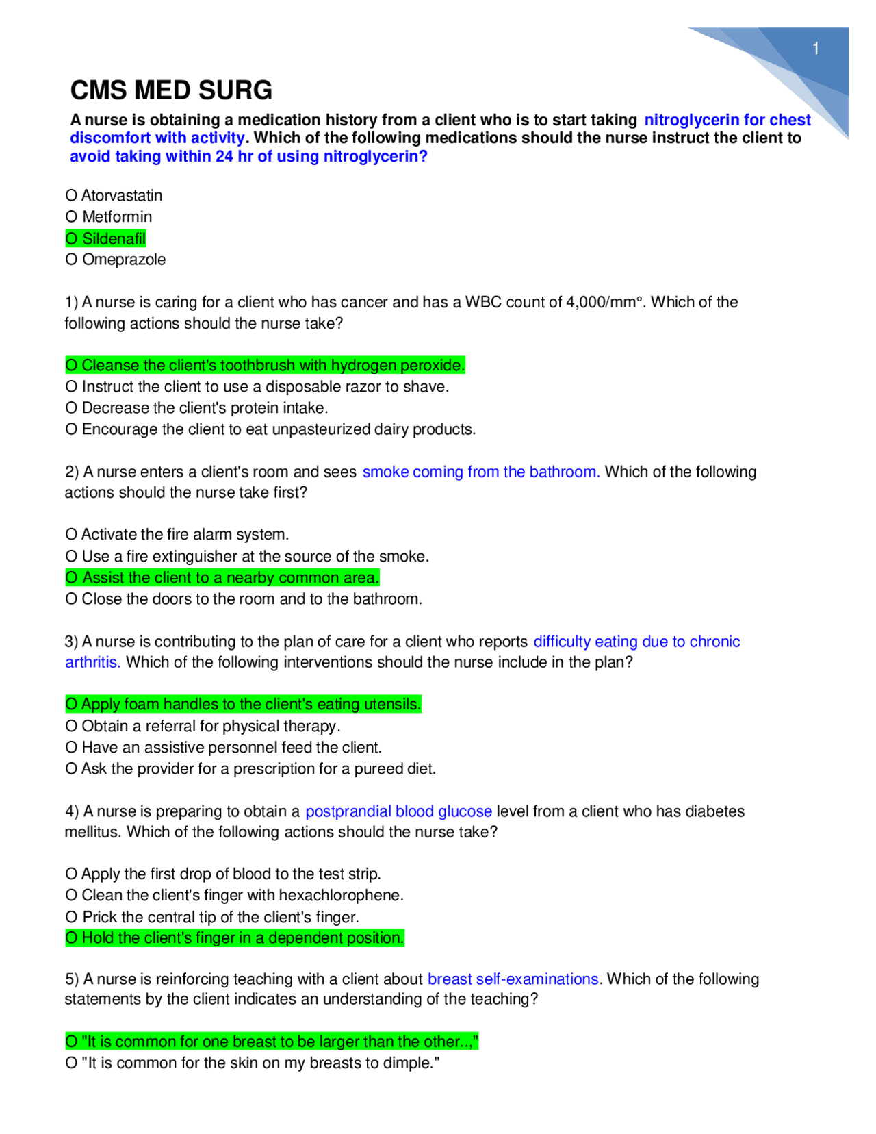 CMS MED SURG 99 QUESTIONS WITH CORRECT ANSWERS GRADED A+ | Exams ...