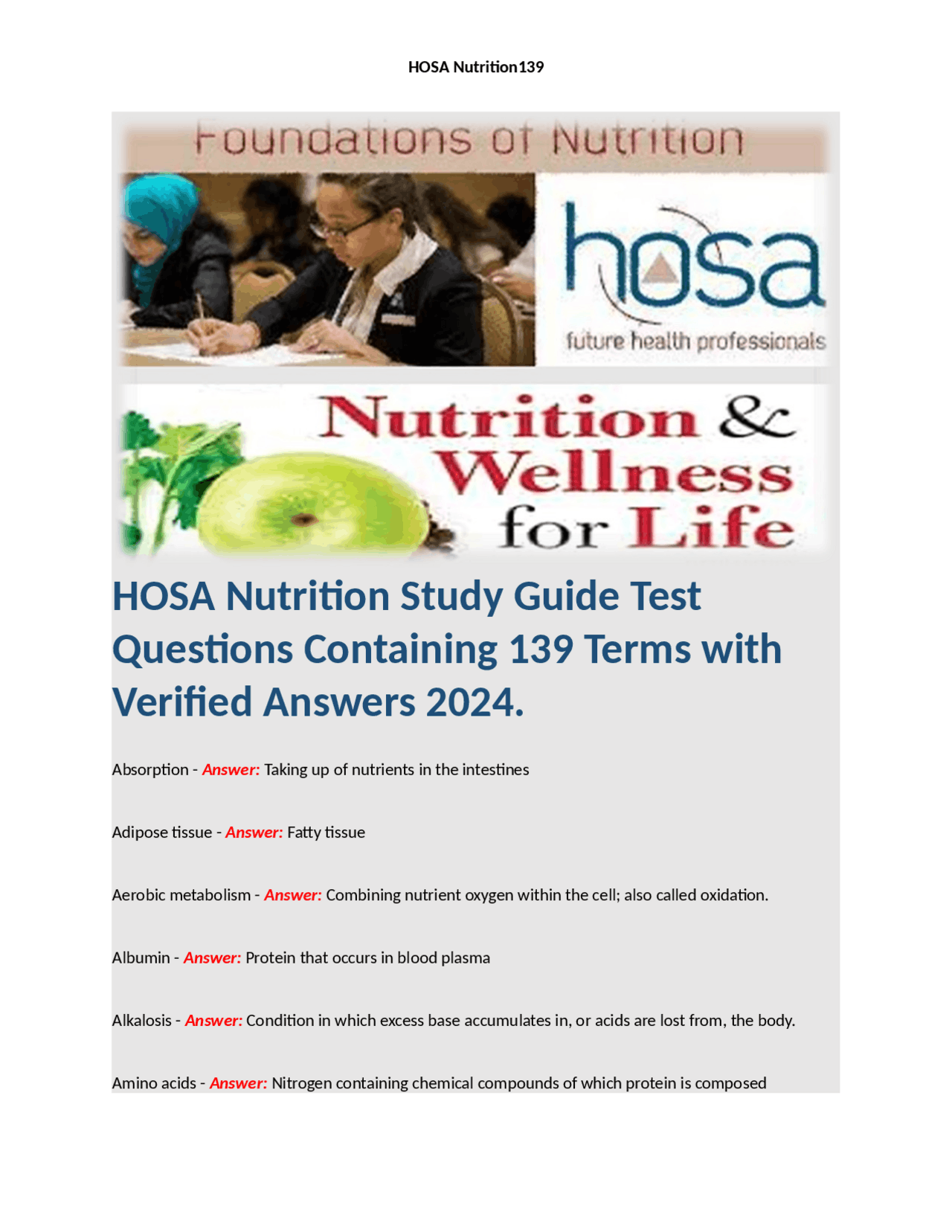 HOSA Nutrition Study Guide Test Questions | Exams Nursing | Docsity