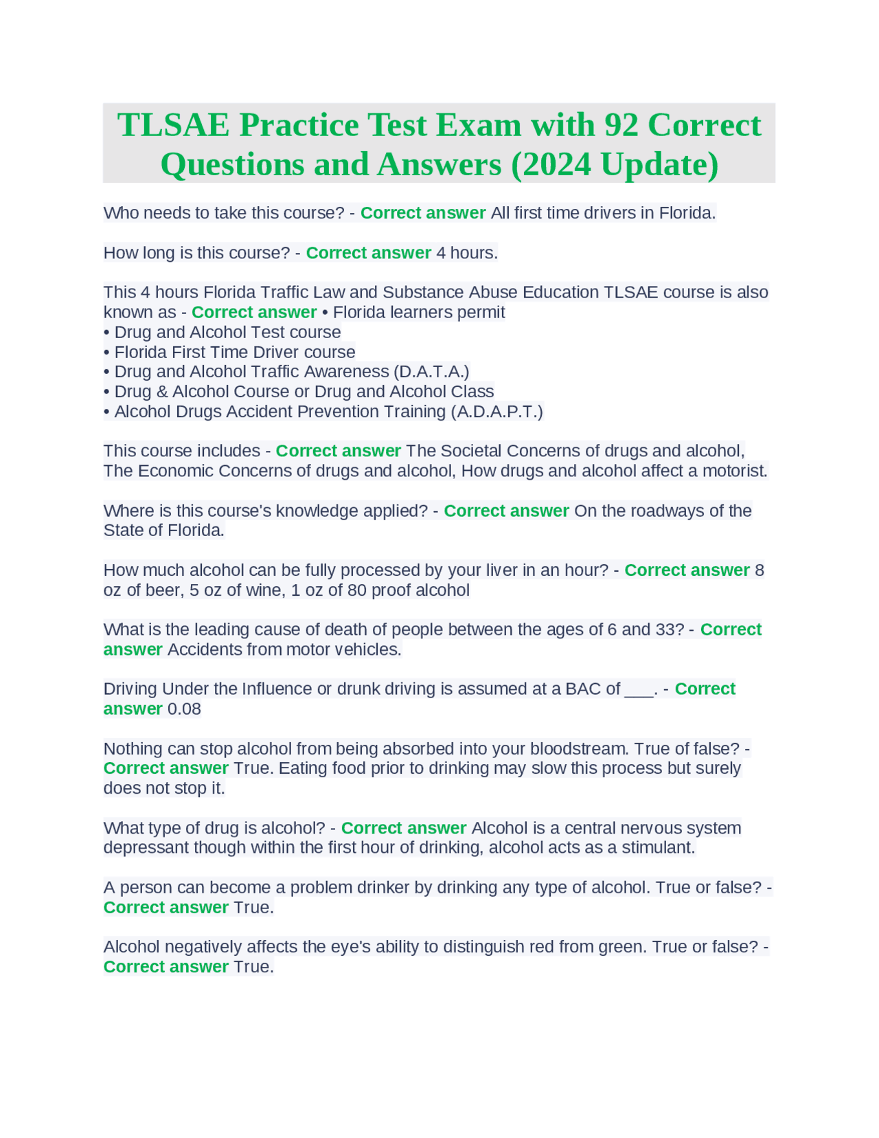 TLSAE Practice Test Exam with 92 Correct Questions and Answers (2024 ...