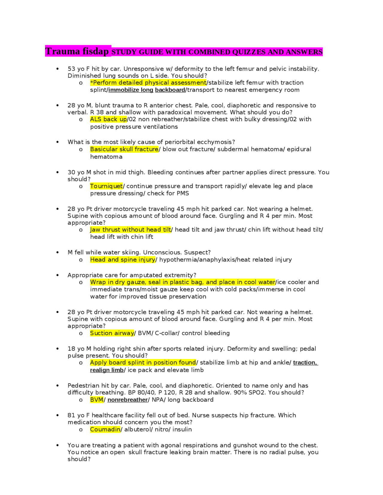 Trauma fisdap STUDY GUIDE WITH COMBINED QUIZZES AND ANSWERS | Exams ...