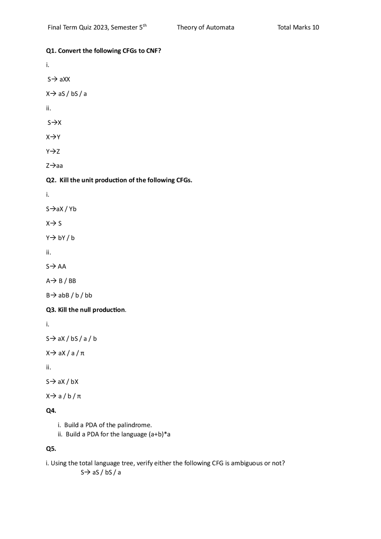 quiz of automata chapter cfg | Quizzes Computer science | Docsity