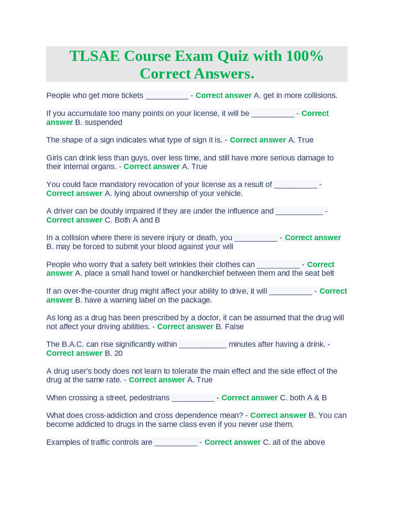 TLSAE Course Exam Quiz with 100% Correct Answers. | Exams Socialization ...