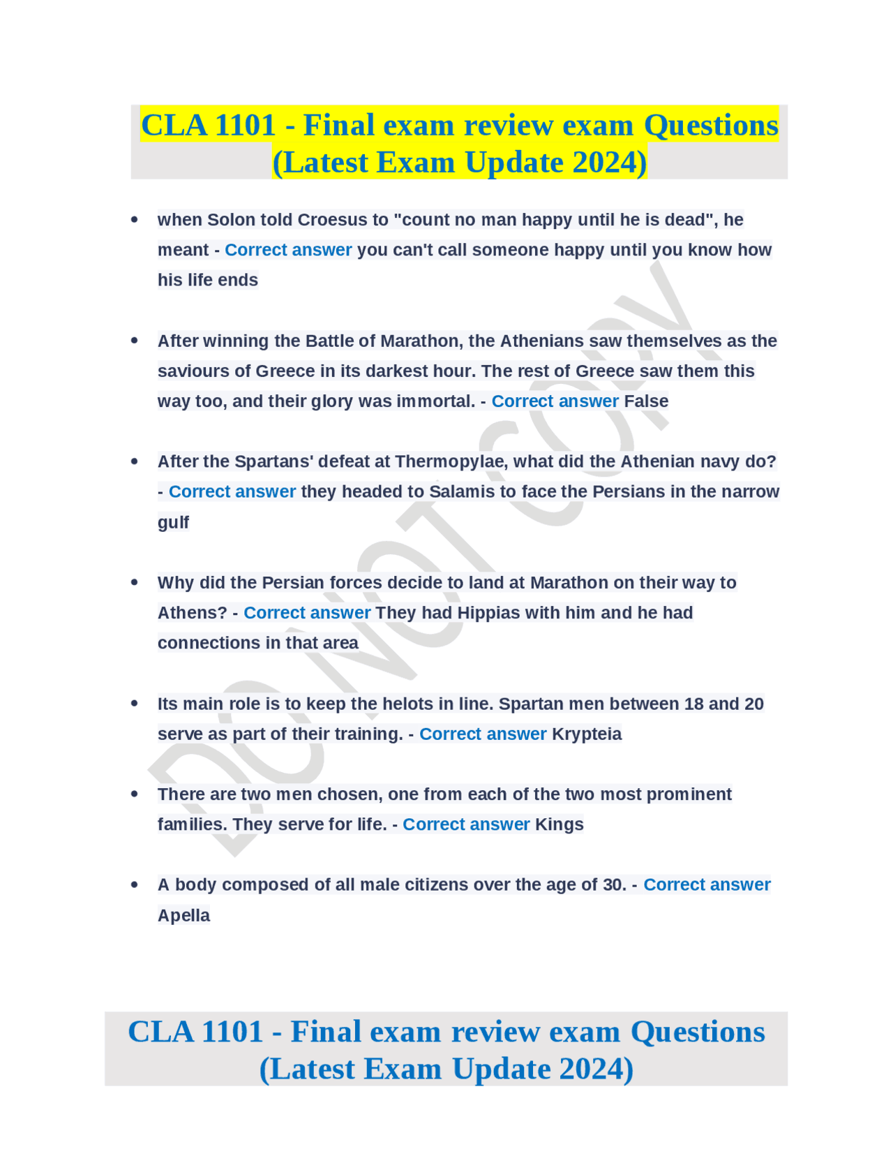 CLA 1101 Final Exam Review Questions | Exams Classical Literature | Docsity