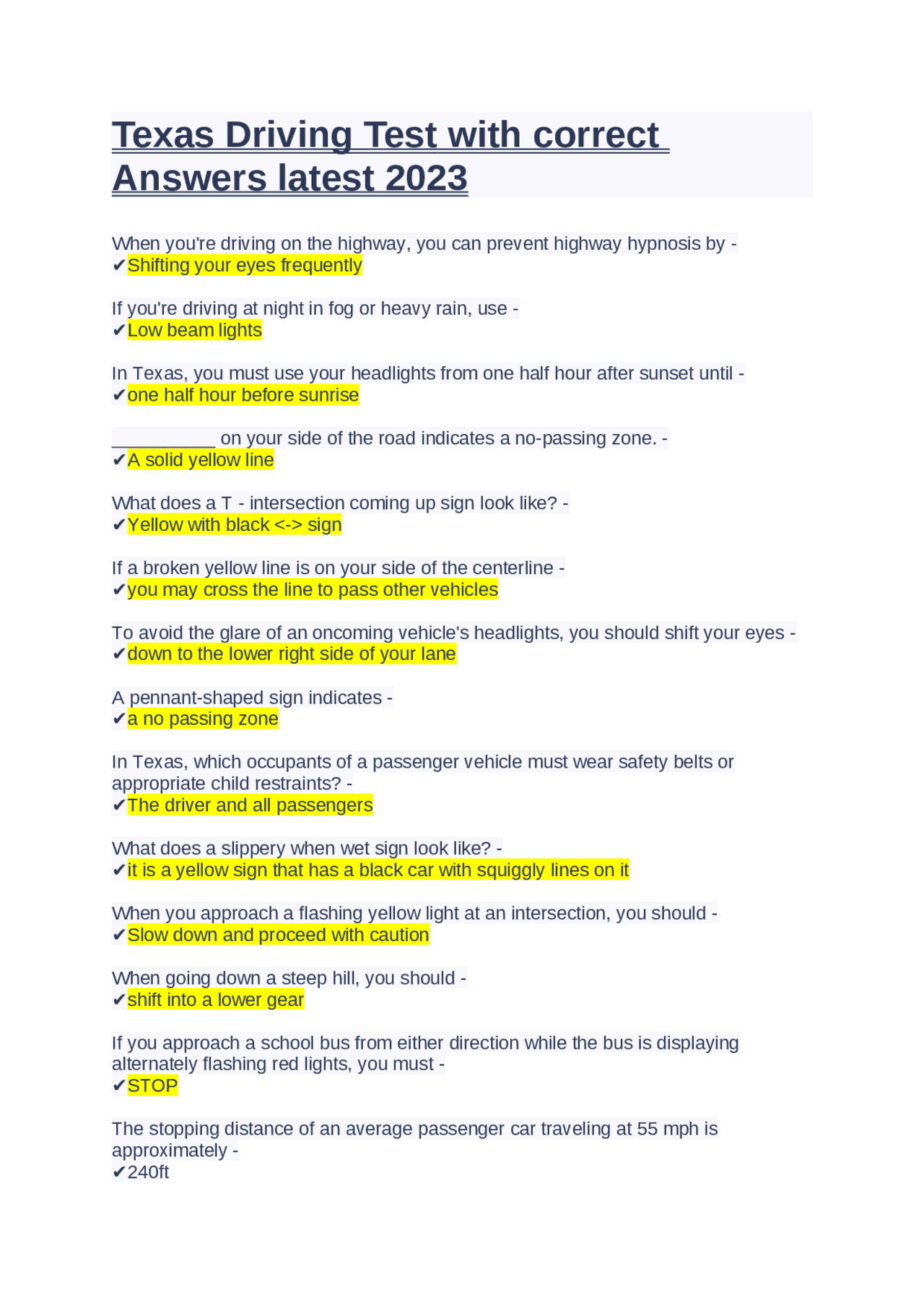 Texas Driving Test with correct Answers latest 2023 | Exams Social ...