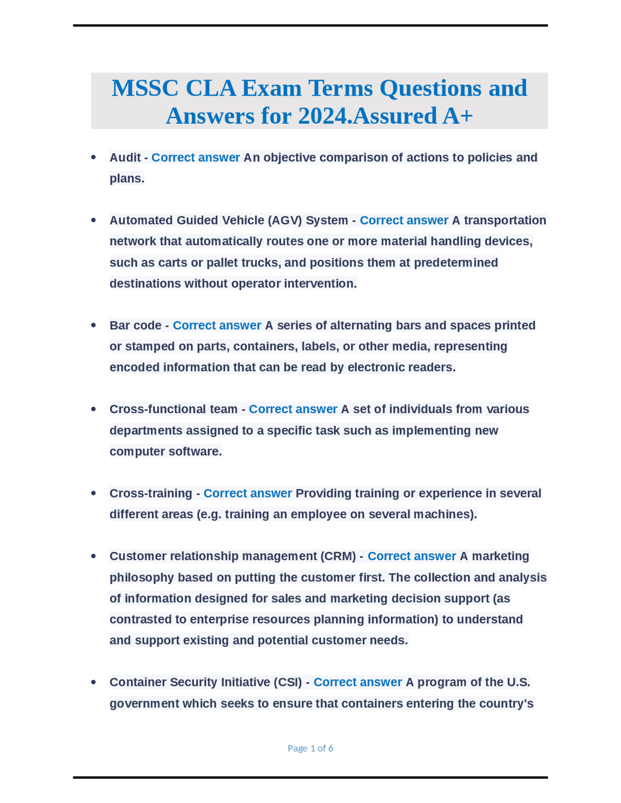 MSSC CLA Exam Terms Questions and Answers for 2024 | Exams Classical ...