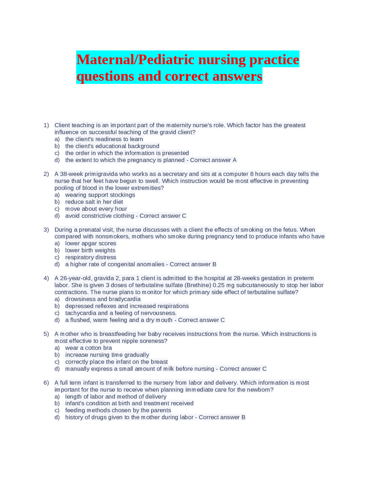 Maternal and Pediatric Nursing Practice Questions and Answers | Exams ...